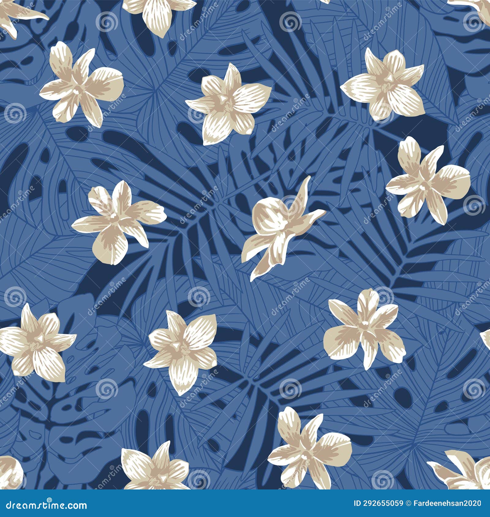 Hand Drawn Flower on Retro Leaves Texture Seamless Pattern Background ...