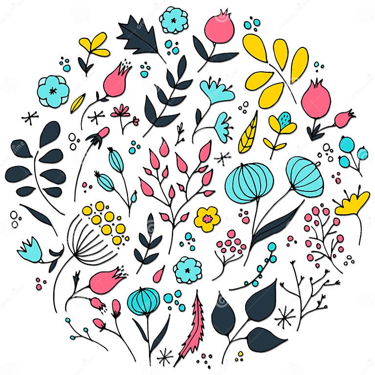 Hand Drawn Flowers in Circle Shape. Stock Illustration - Illustration ...