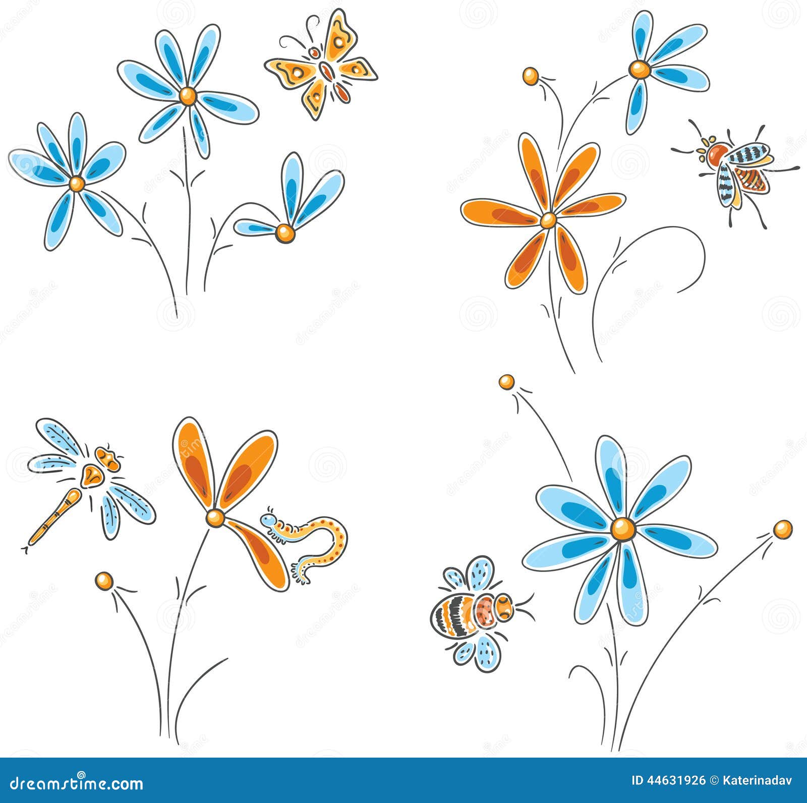Hand Drawn Flowers with Insects Stock Vector - Illustration of summer ...
