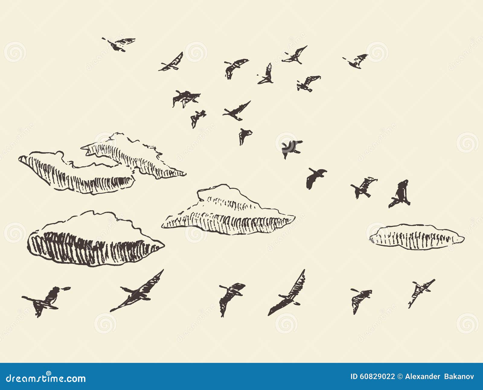 Hand Drawn Flying Birds Sky Clouds Migratory Stock Vector ...