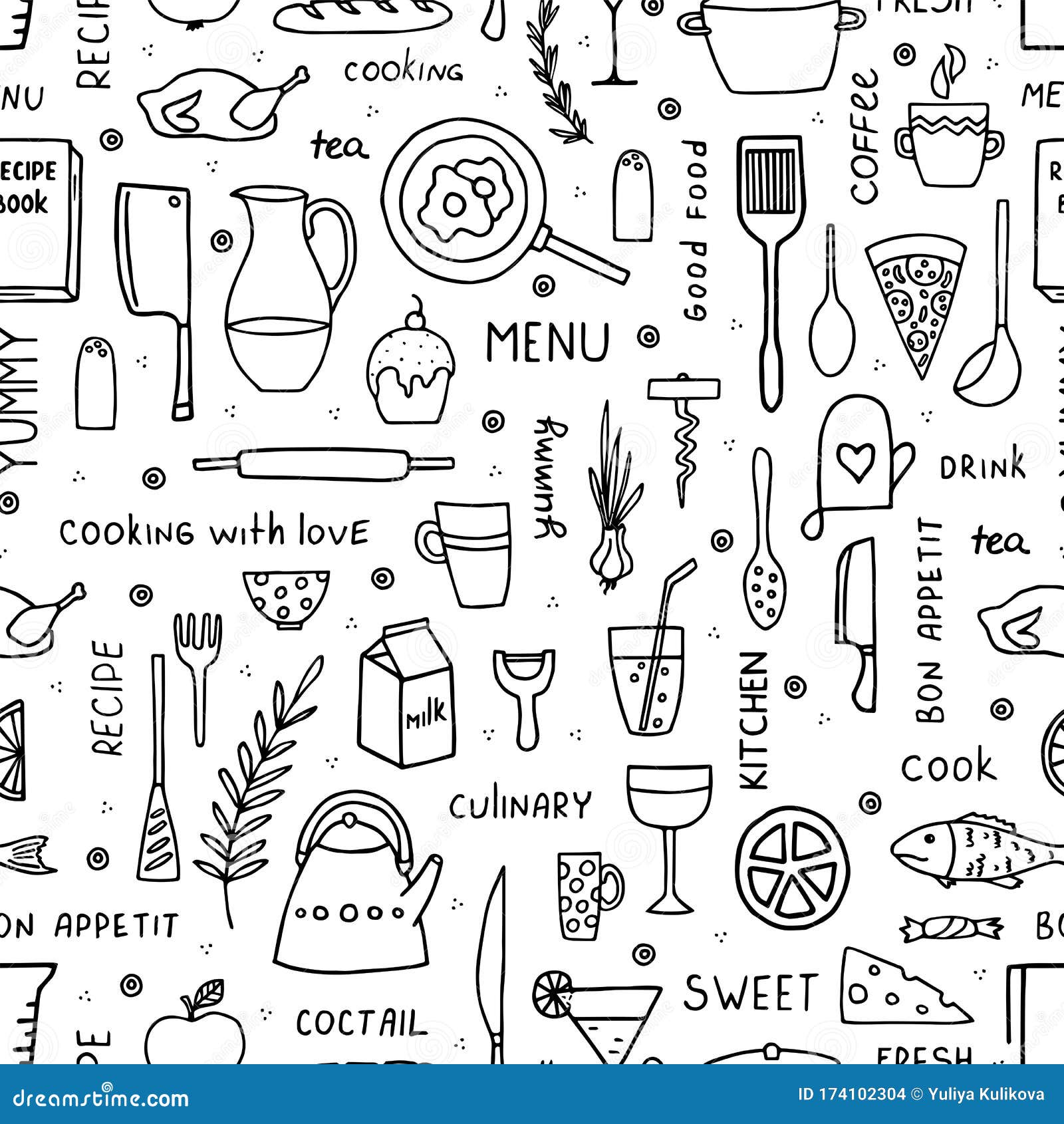 Hand-drawn Food and Kitchen Utensils Seamless Pattern in Doodle Style ...