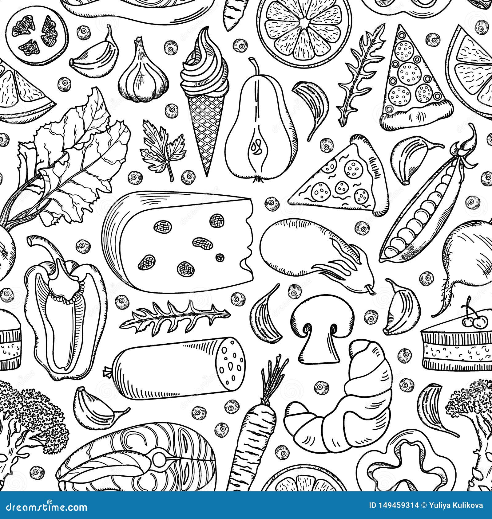 Hand Drawn Food Seamless Pattern. Stock Vector - Illustration of drawn ...