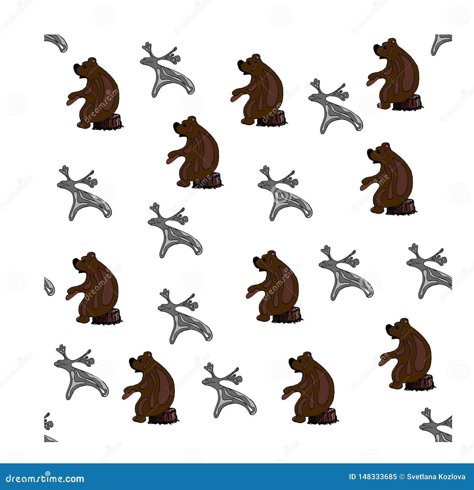 Hand-drawn Forest Silhouettes Seamless Pattern with Animals Stock ...