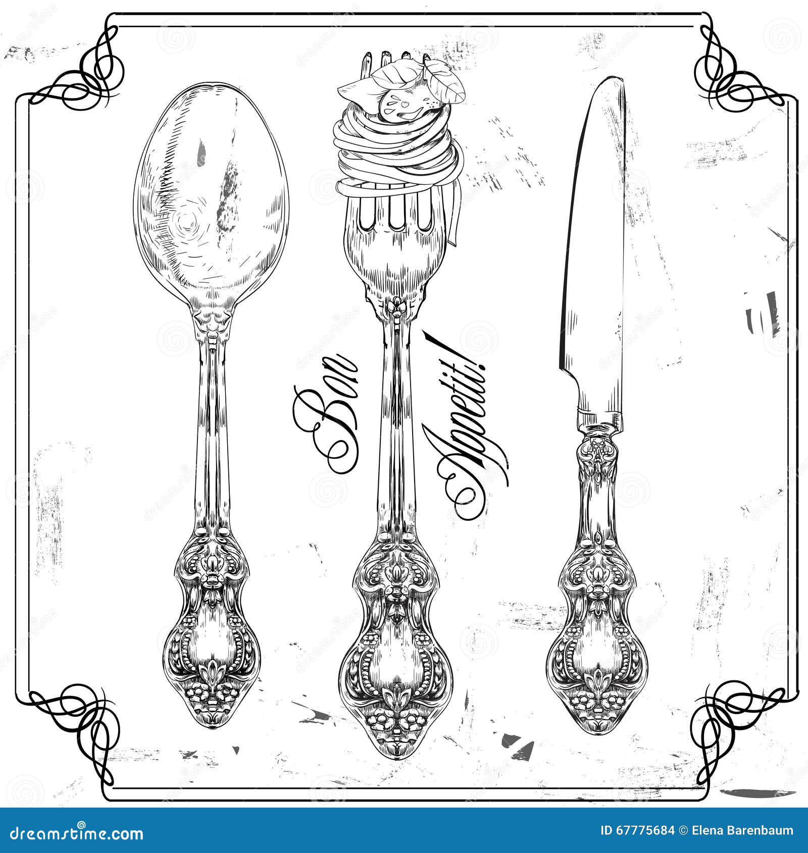 Hand Drawn Fork, Knife and Spoon Ornate Stock Vector - Illustration of ...