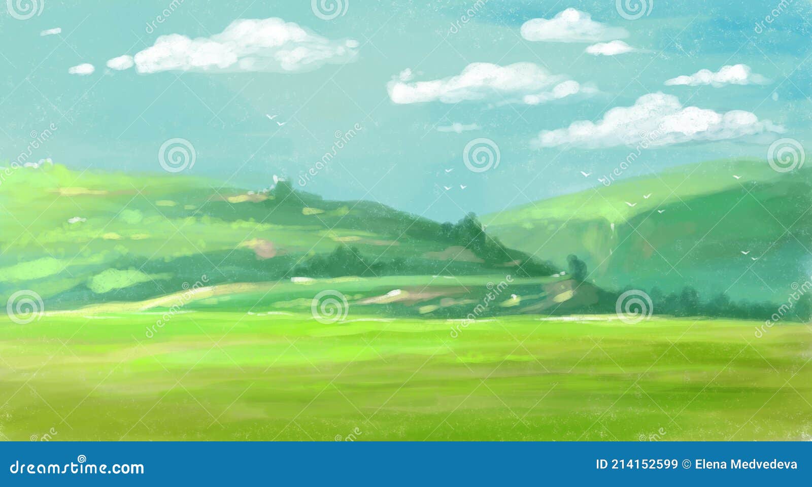 Hand-drawn Fresh Bright Landscape with Hills, Fields and Sky with White ...