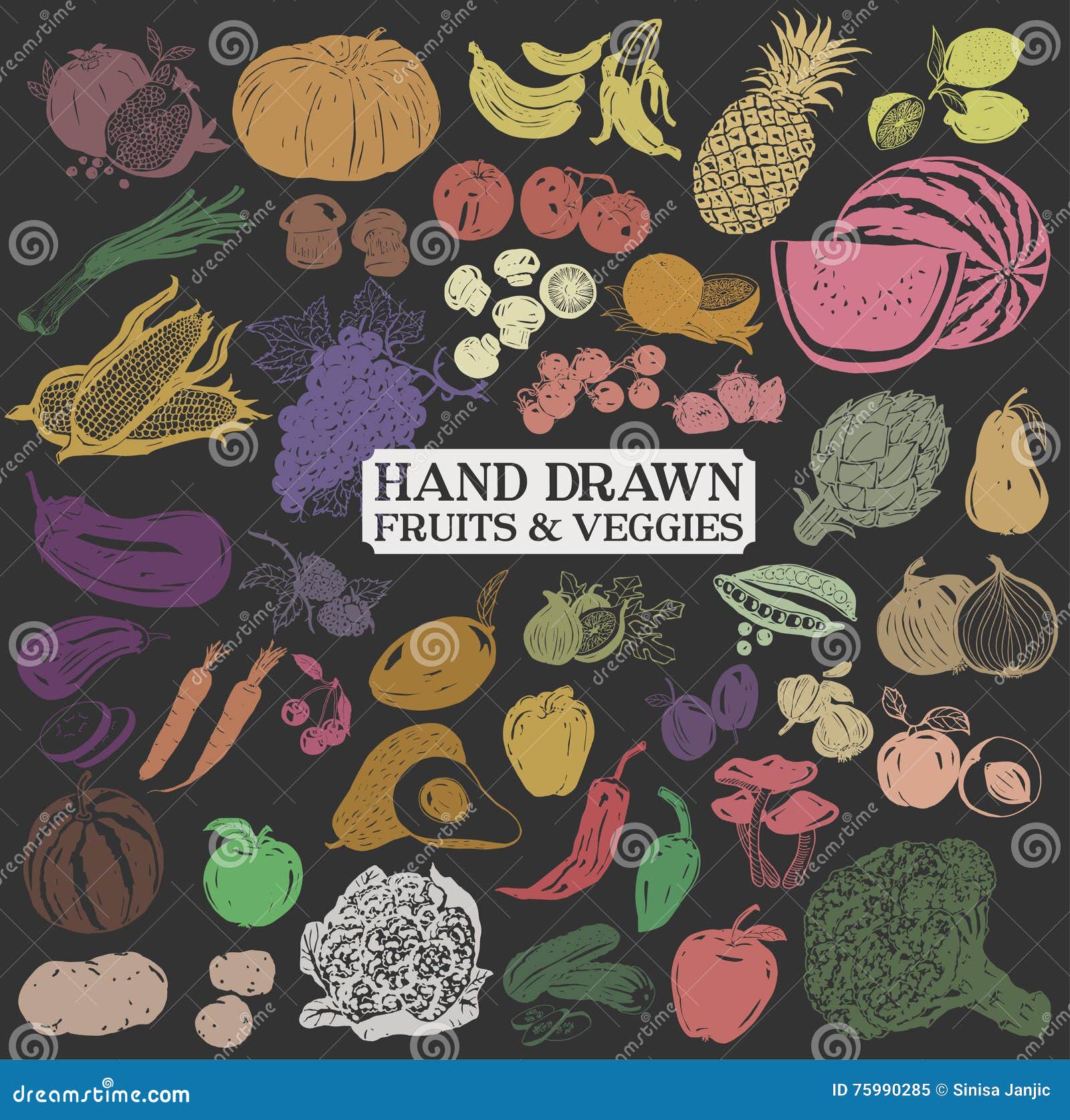 Hand Drawn Fruits and Veggies Stock Illustration - Illustration of ...