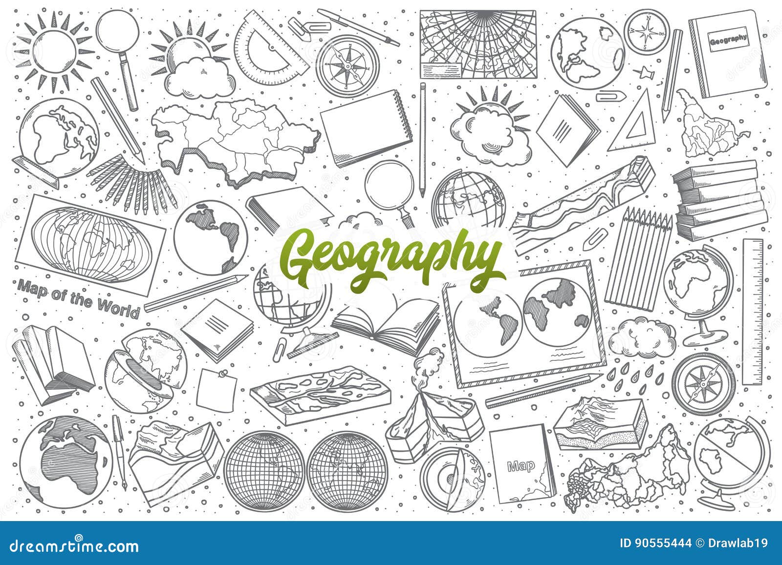 Hand Drawn Geography Doodle Set with Lettering Stock Vector ...