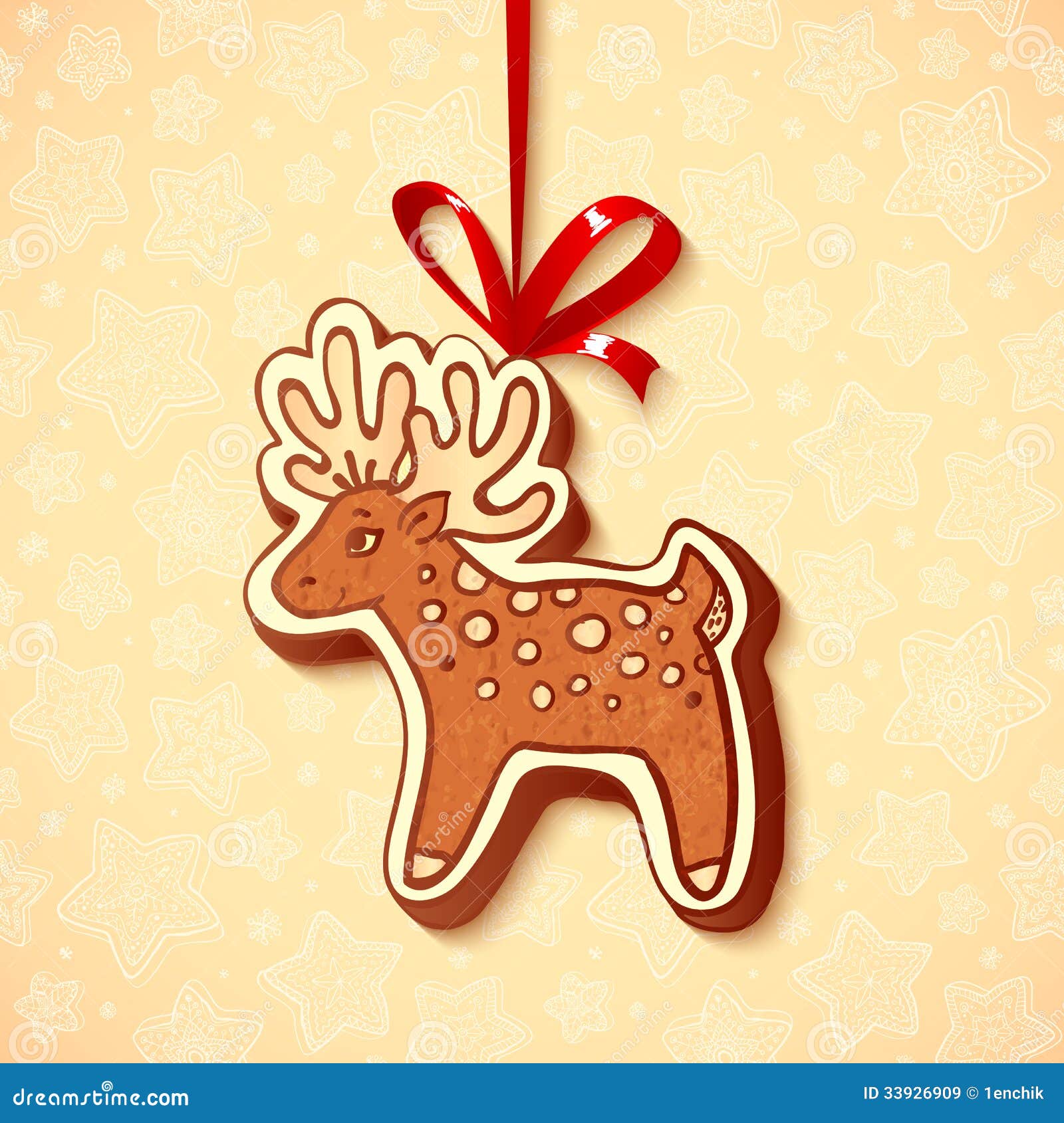 Hand-drawn Gingerbread Deer with Red Ribbon Stock Vector - Illustration ...