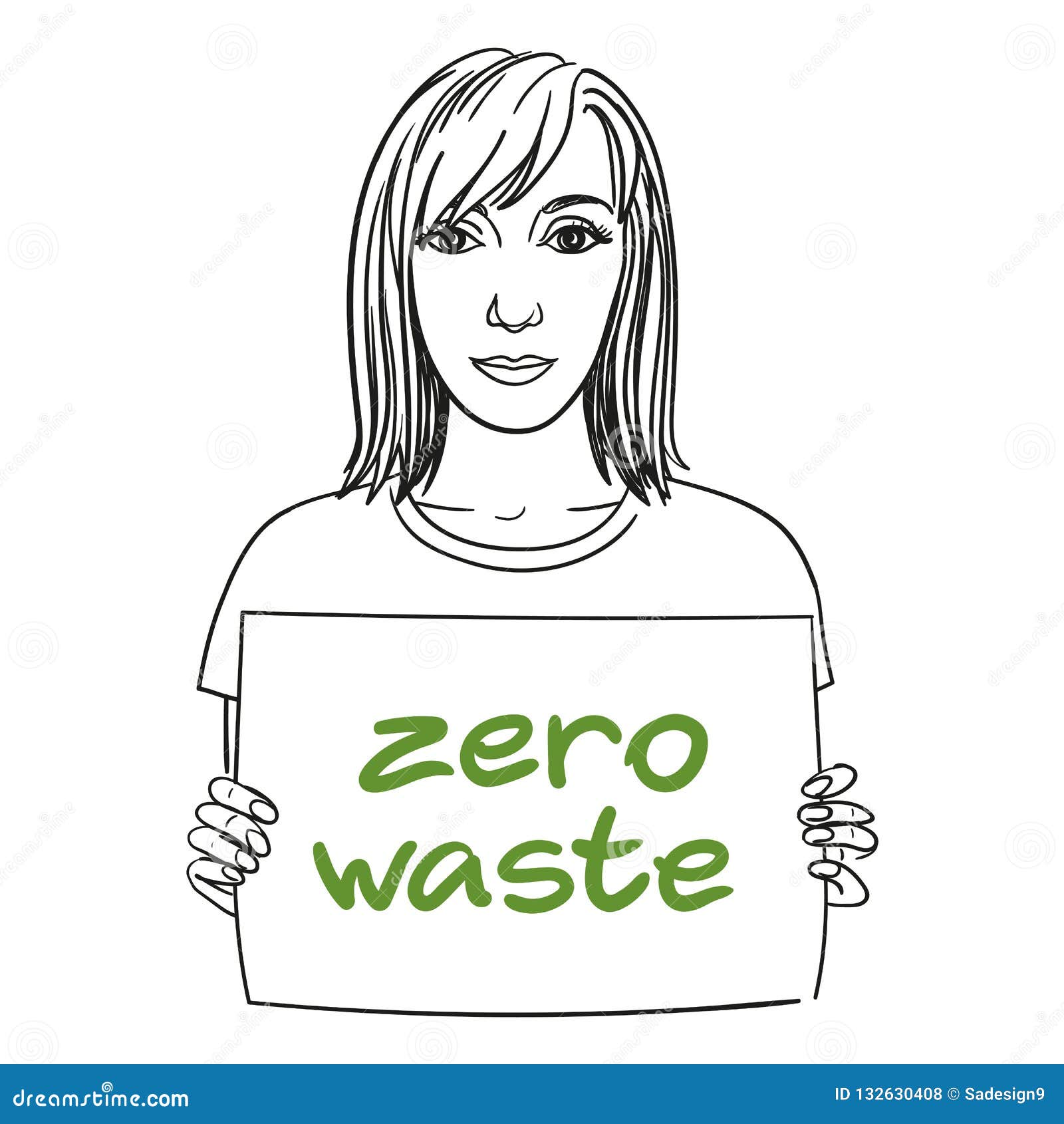 Hand Drawn Girl with Zero Waste Sign in Her Hands. Stock Vector ...