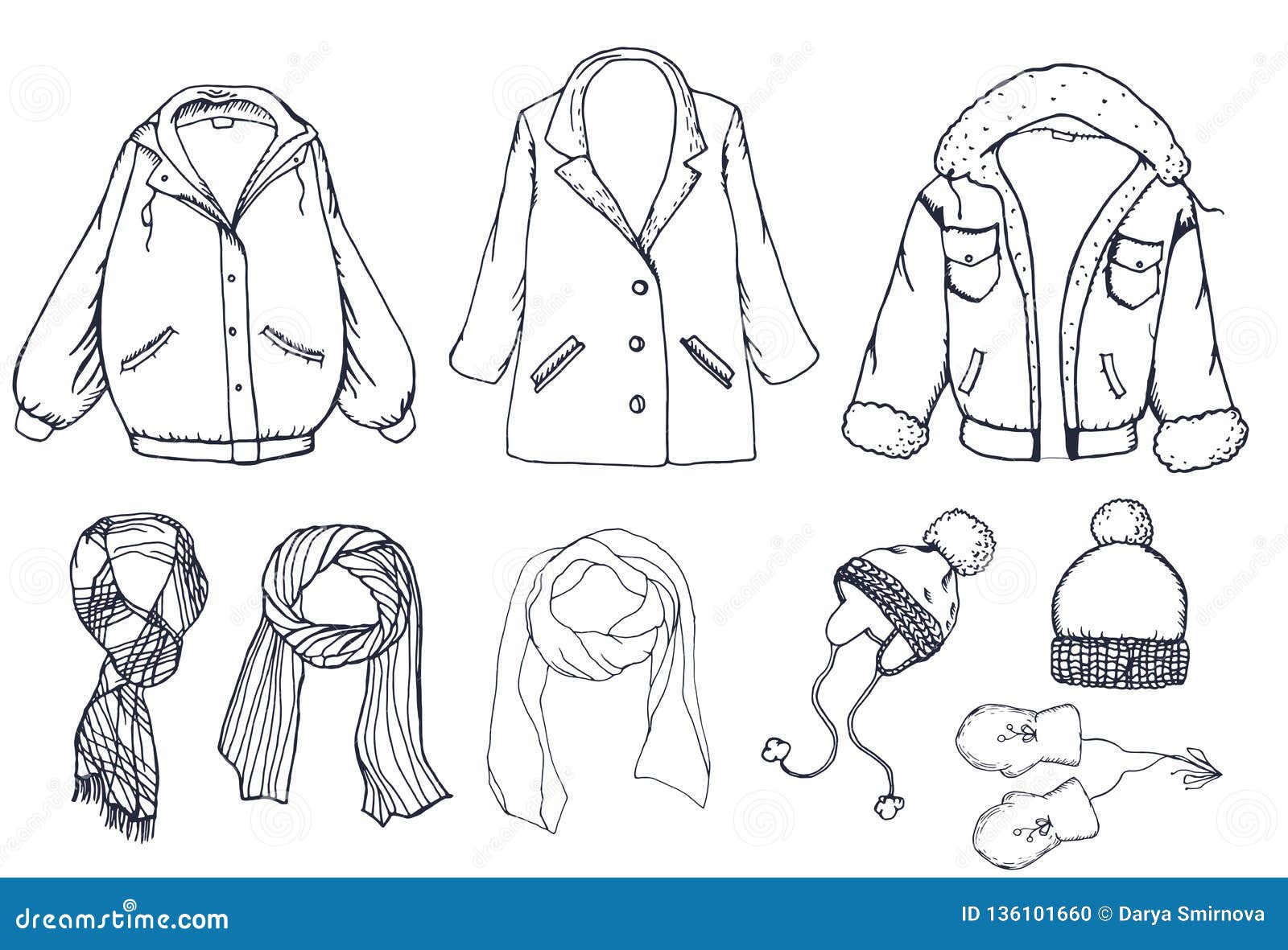 Hand Drawn Graphic Elements Set with Coat, Jacket, Scarf and Caps ...