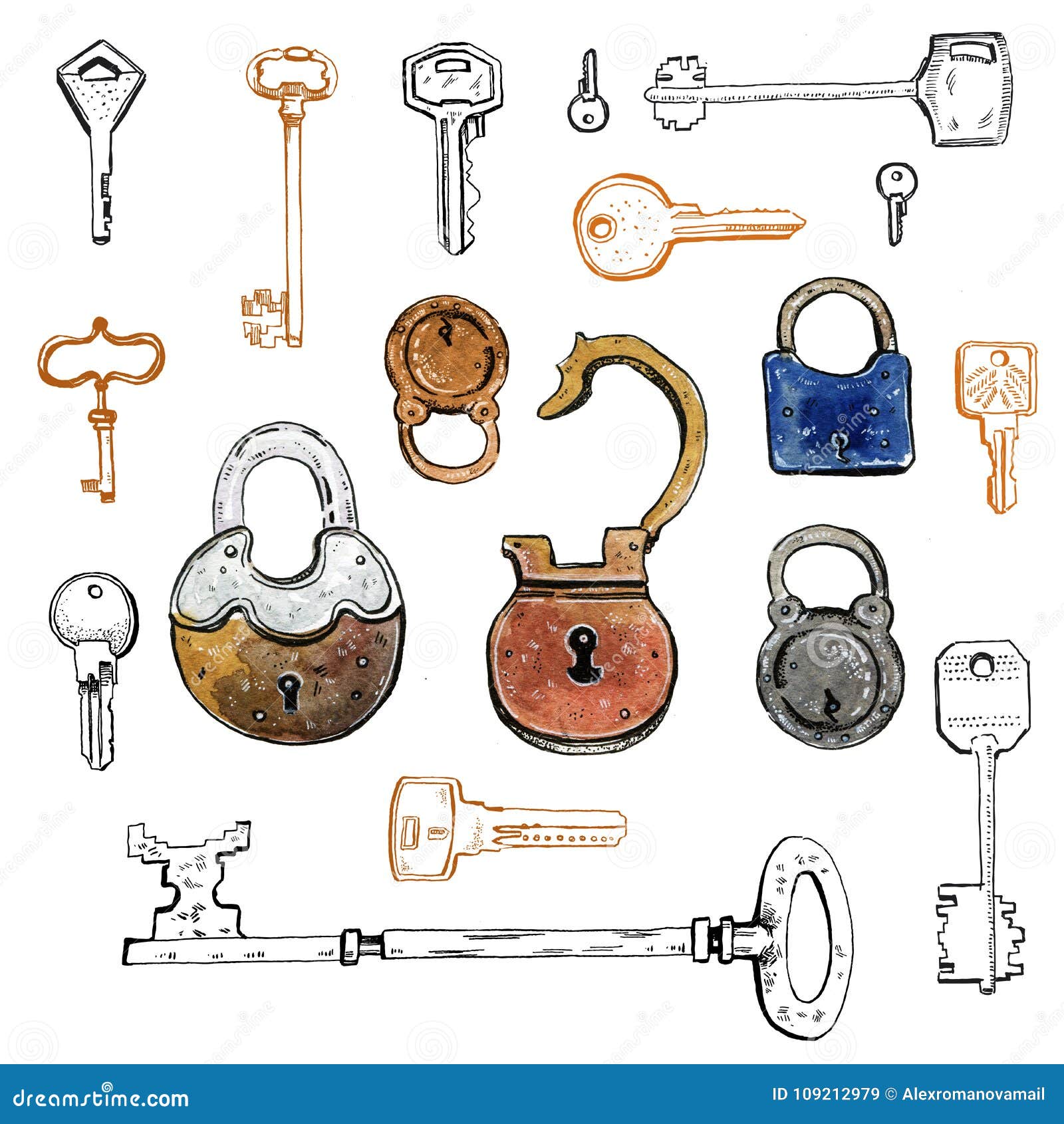 Hand Drawn Graphic Set of Stylized Keys and Locks Stock Illustration ...