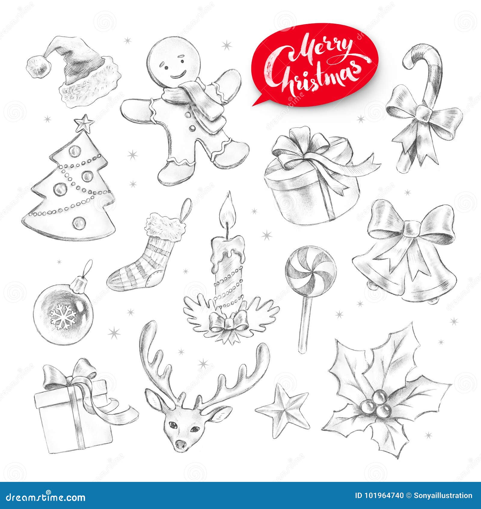 Graphite Pencil Collection of Christmas Objects Stock Illustration ...