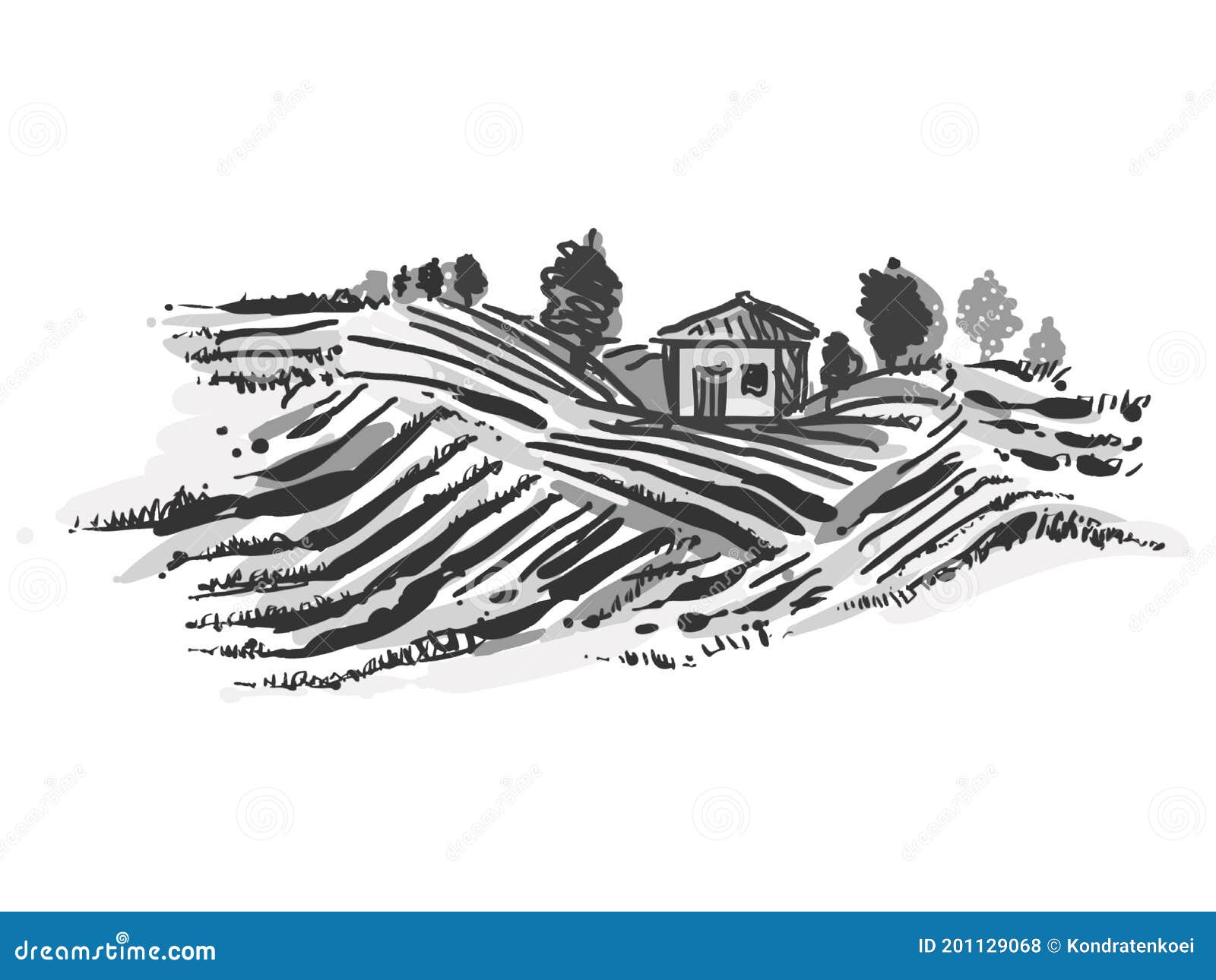 Hand Drawn Gray Scale Illustration of Farm and Field. Sketch. Vector ...