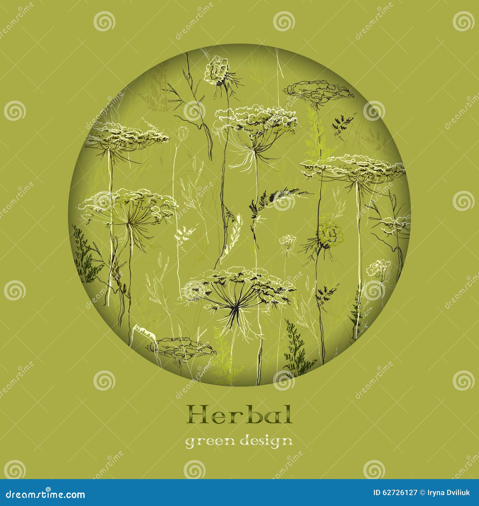 Hand Drawn Green Herbs. Circle Design Background. Text Place. Stock ...
