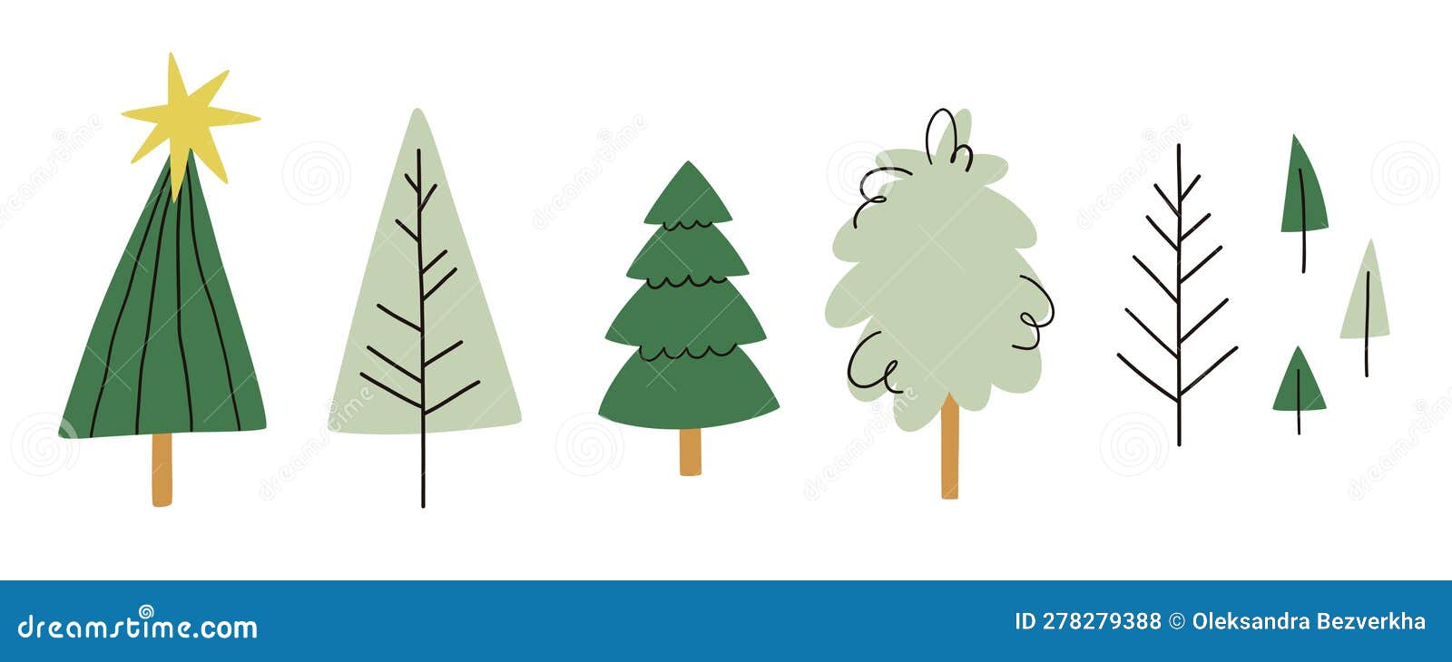 Hand Drawn Green Tree Collection. Vector Illustration of Different ...
