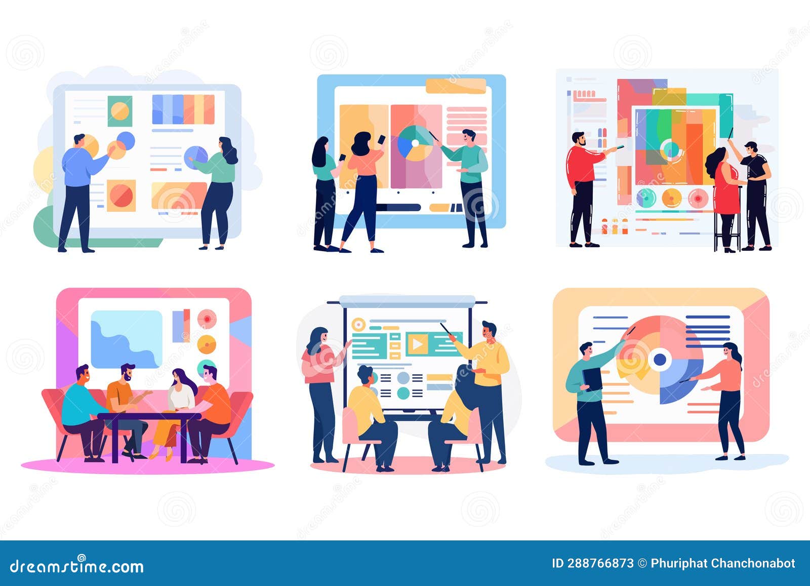 Hand Drawn Group of Business People with Presentations in Flat Style ...
