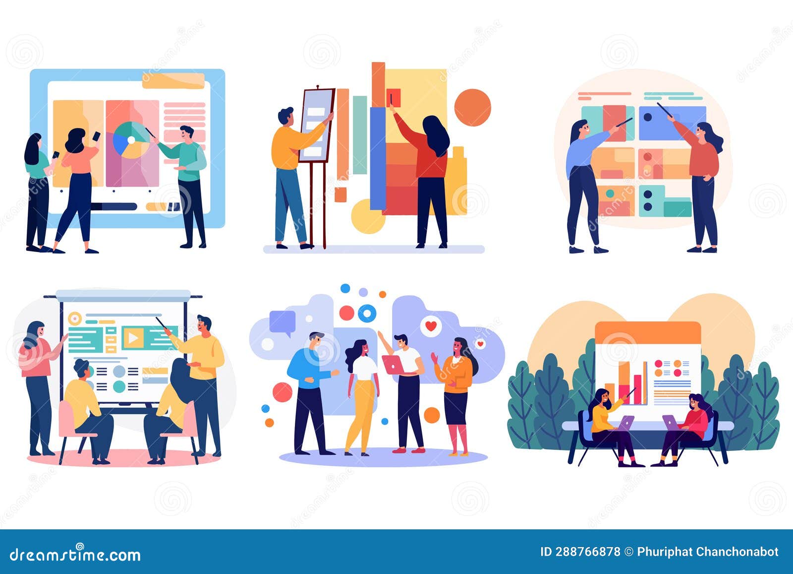 Hand Drawn Group of Business People with Presentations in Flat Style ...