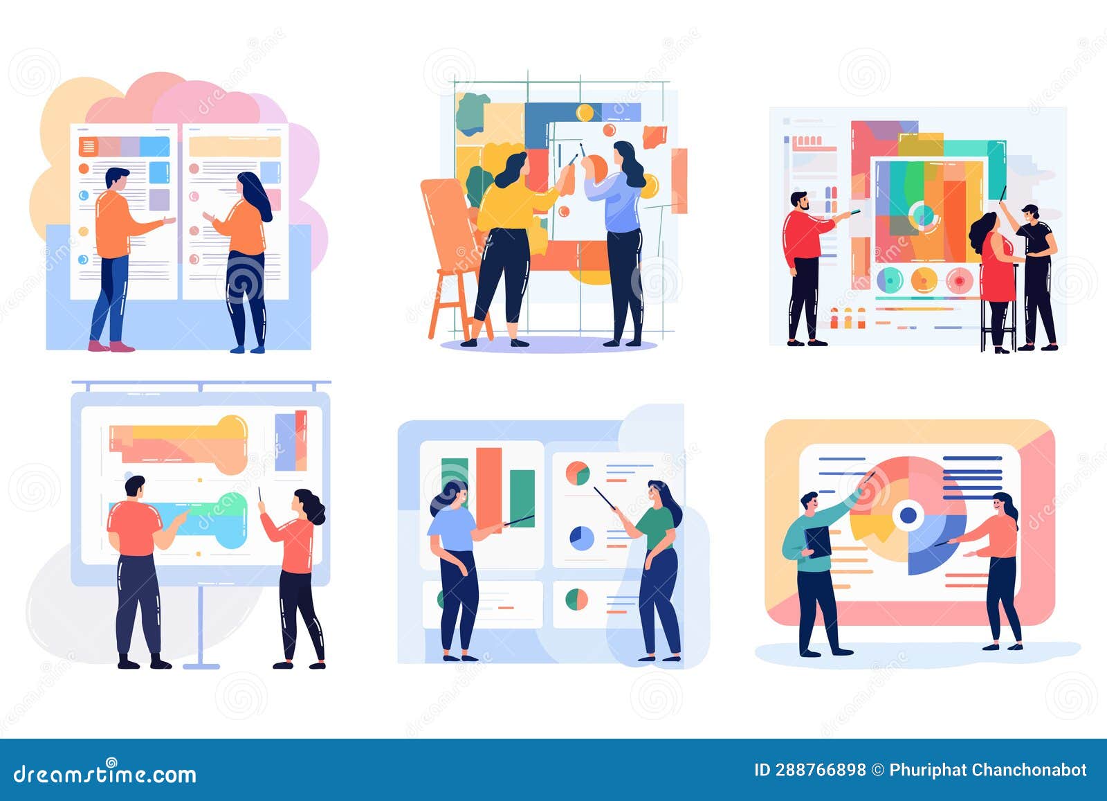 Hand Drawn Group of Business People with Presentations in Flat Style ...
