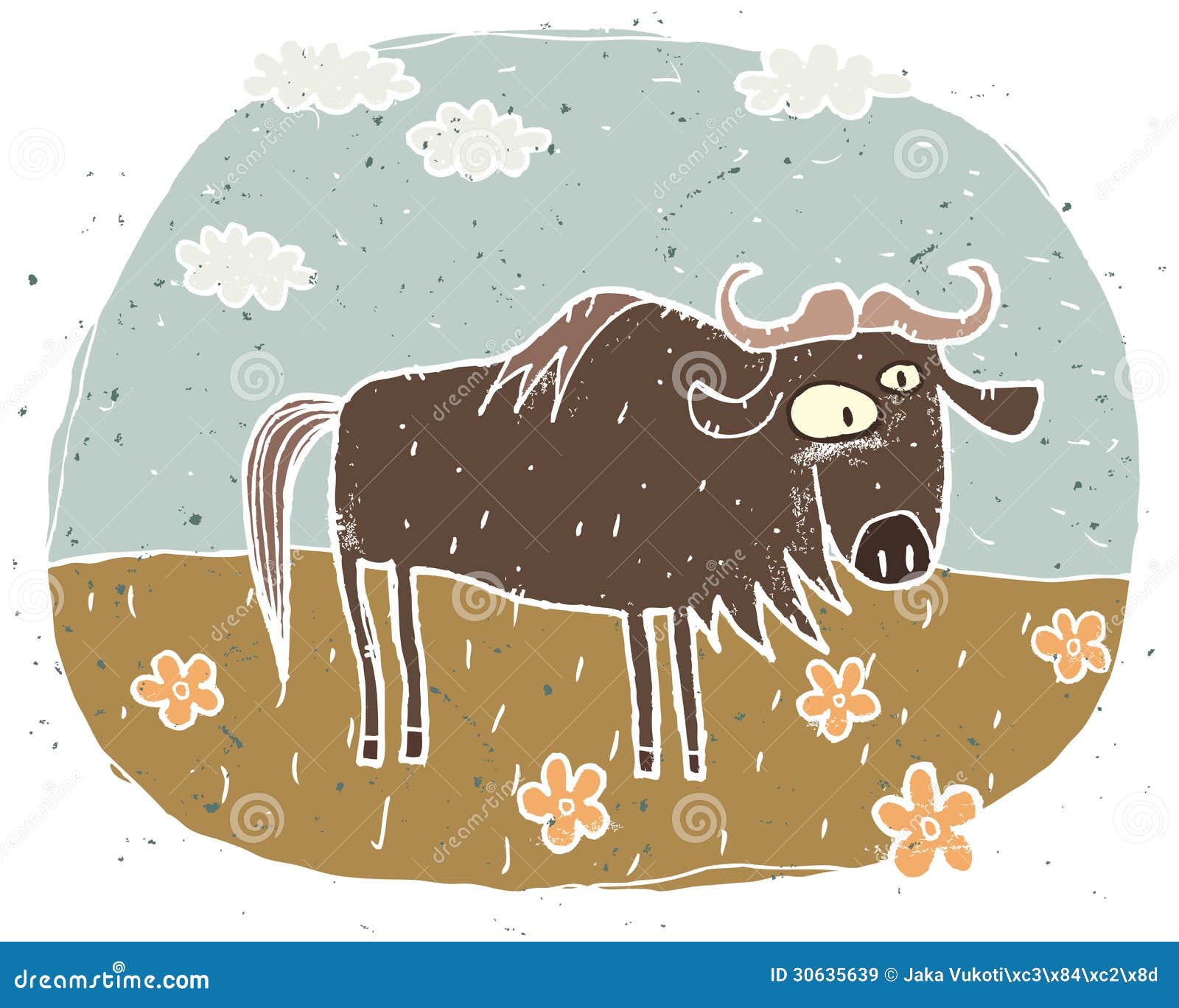 Hand Drawn Grunge Illustration of Cute Gnu on Background with Fl Stock ...