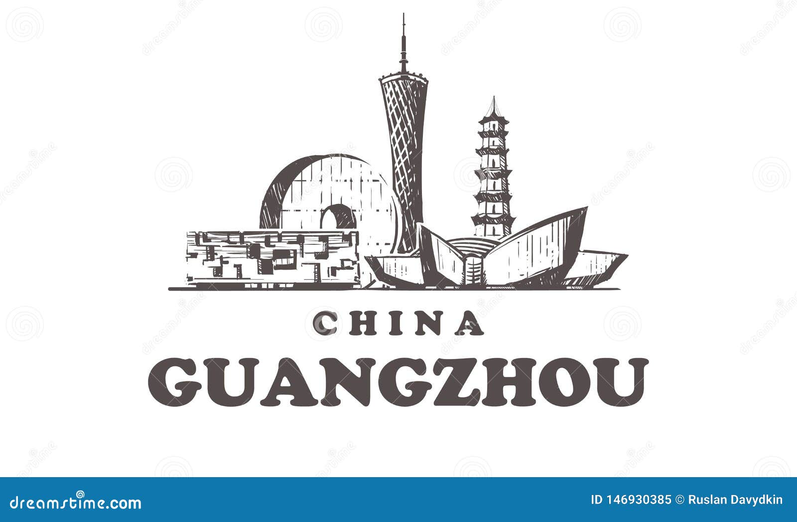 Hand-drawn Guangzhou Buildings Elements Sketch Vector Illustration ...