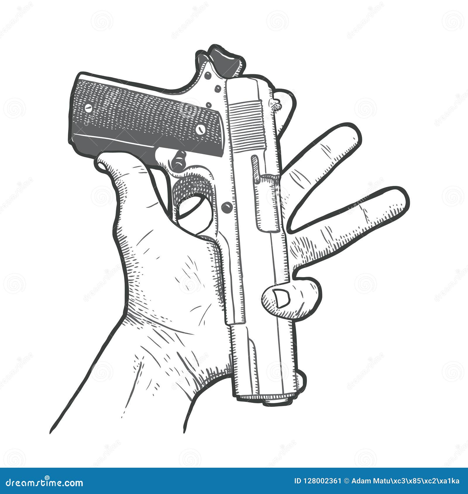 Hand drawn hand with gun stock vector. Illustration of drawing - 128002361