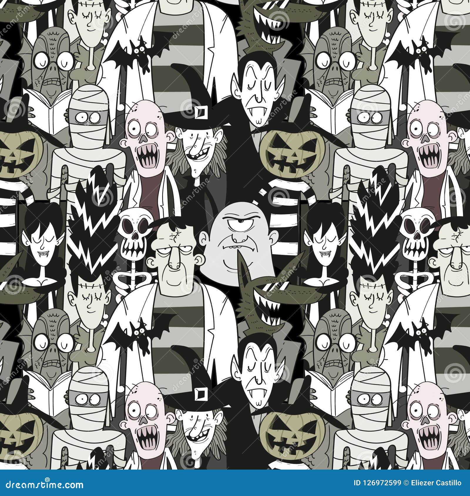 Hand Drawn Halloween Monster Pattern Stock Vector - Illustration of ...