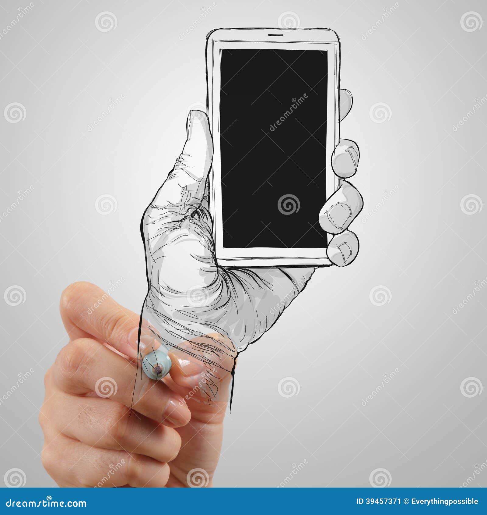 Hand Drawn Hands with Mobile Phone Stock Image - Image of drawn ...