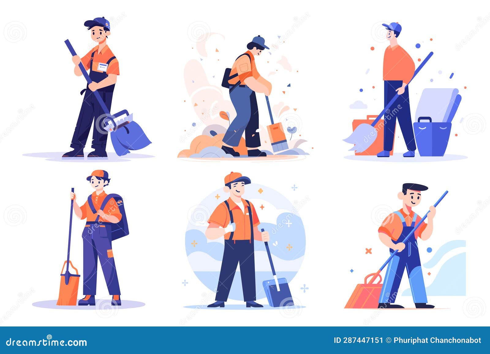 Hand Drawn Happy Cleaning Staff is Cleaning the Floor in Flat Style ...