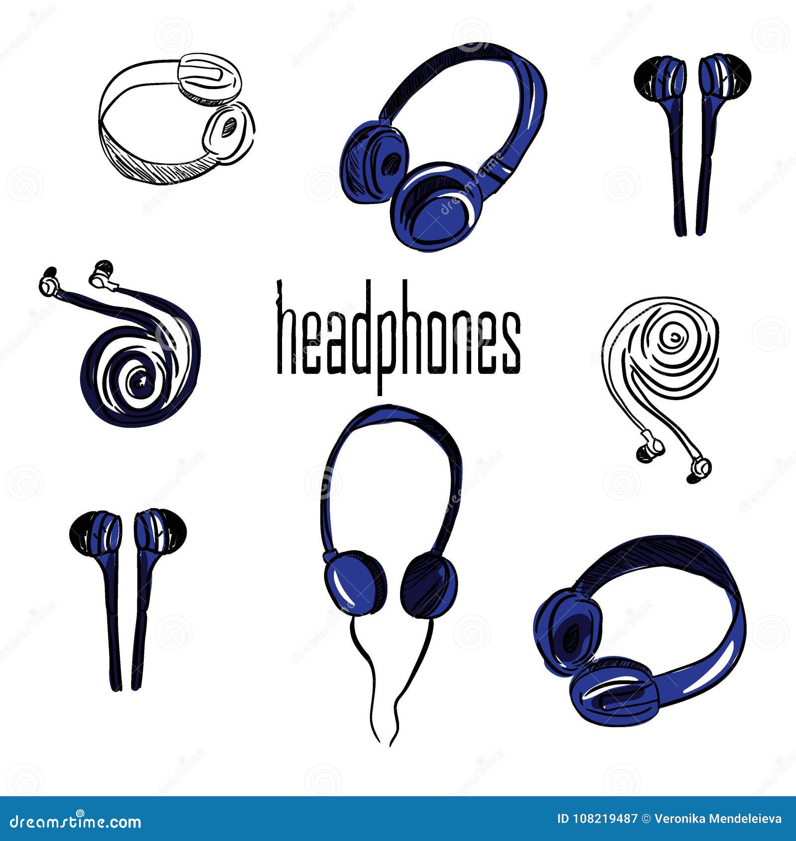 Hand drawn headphones set stock vector. Illustration of musical - 108219487