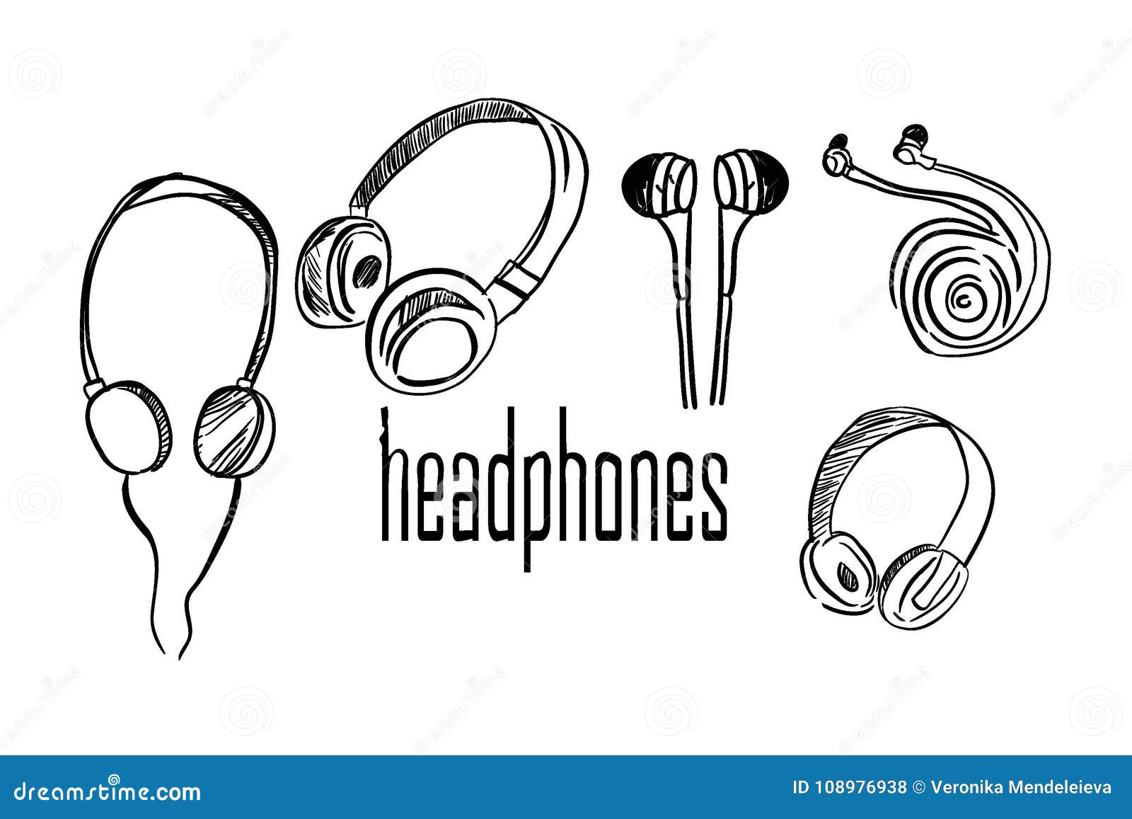 Hand drawn headphones set stock vector. Illustration of pleer - 108976938