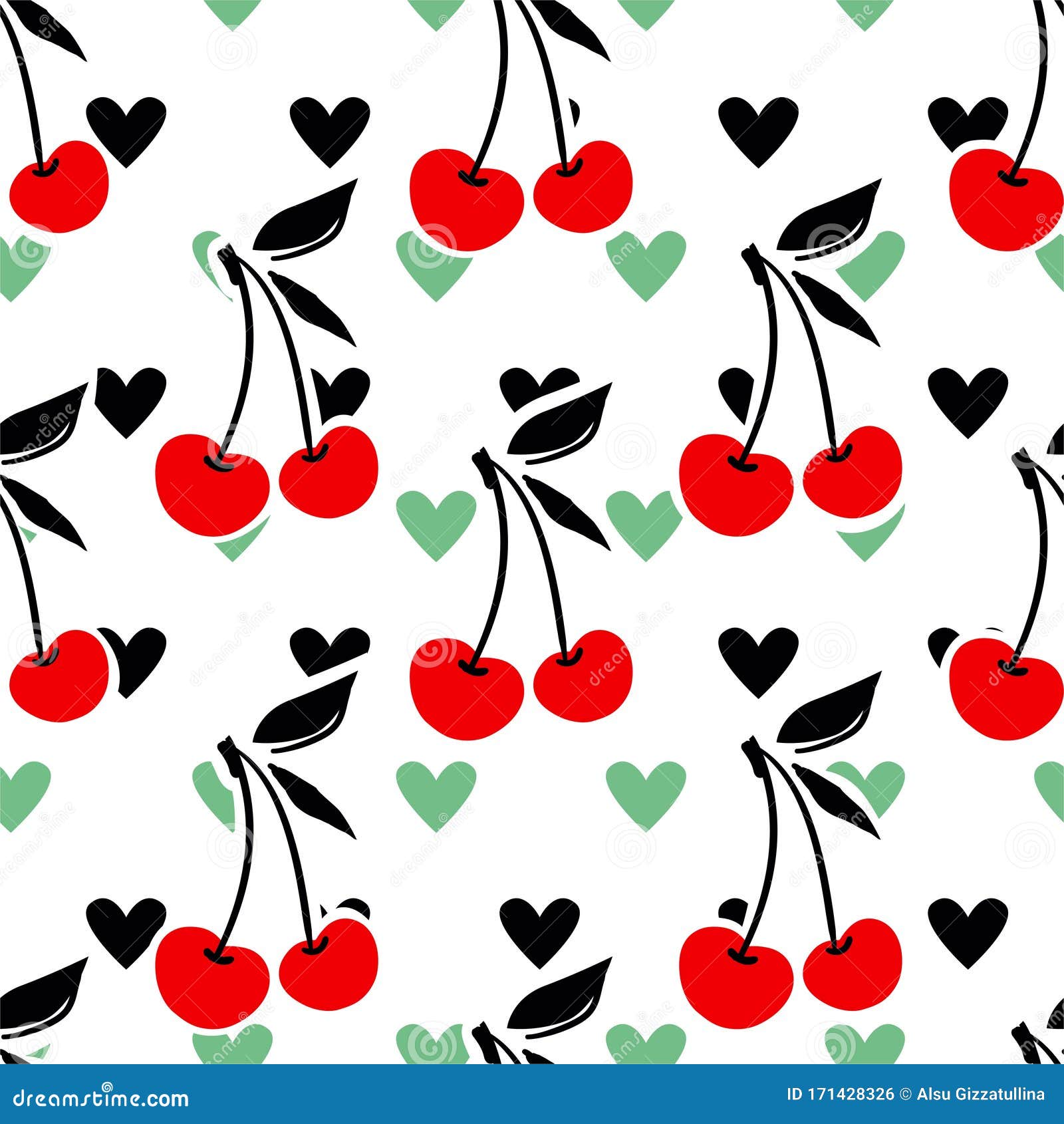 Hand Drawn Heart and Cherry Print and Pattern Seamless. Spring Summer ...