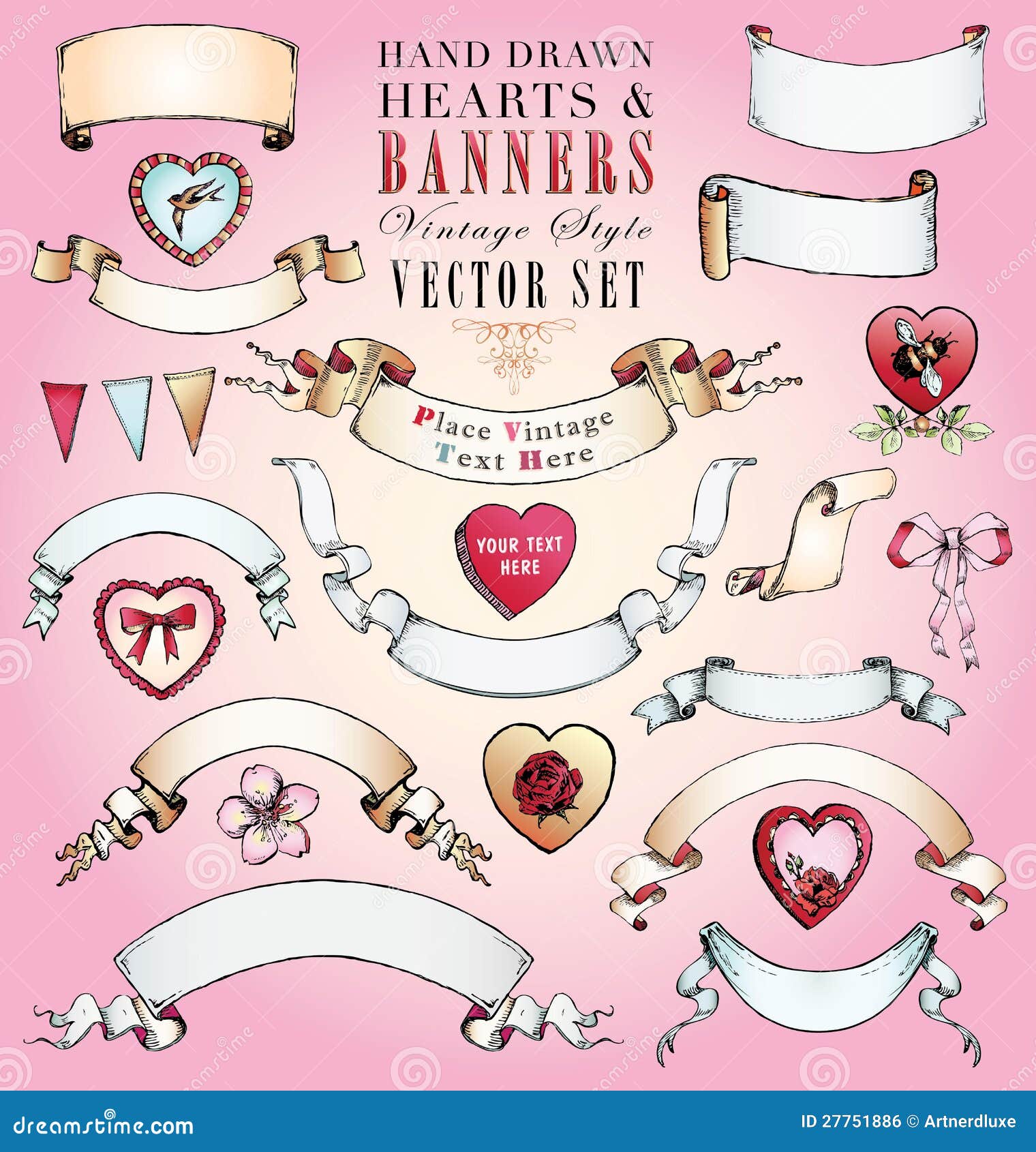 Hand-Drawn Hearts and Banners Vector Set Stock Vector - Illustration of ...