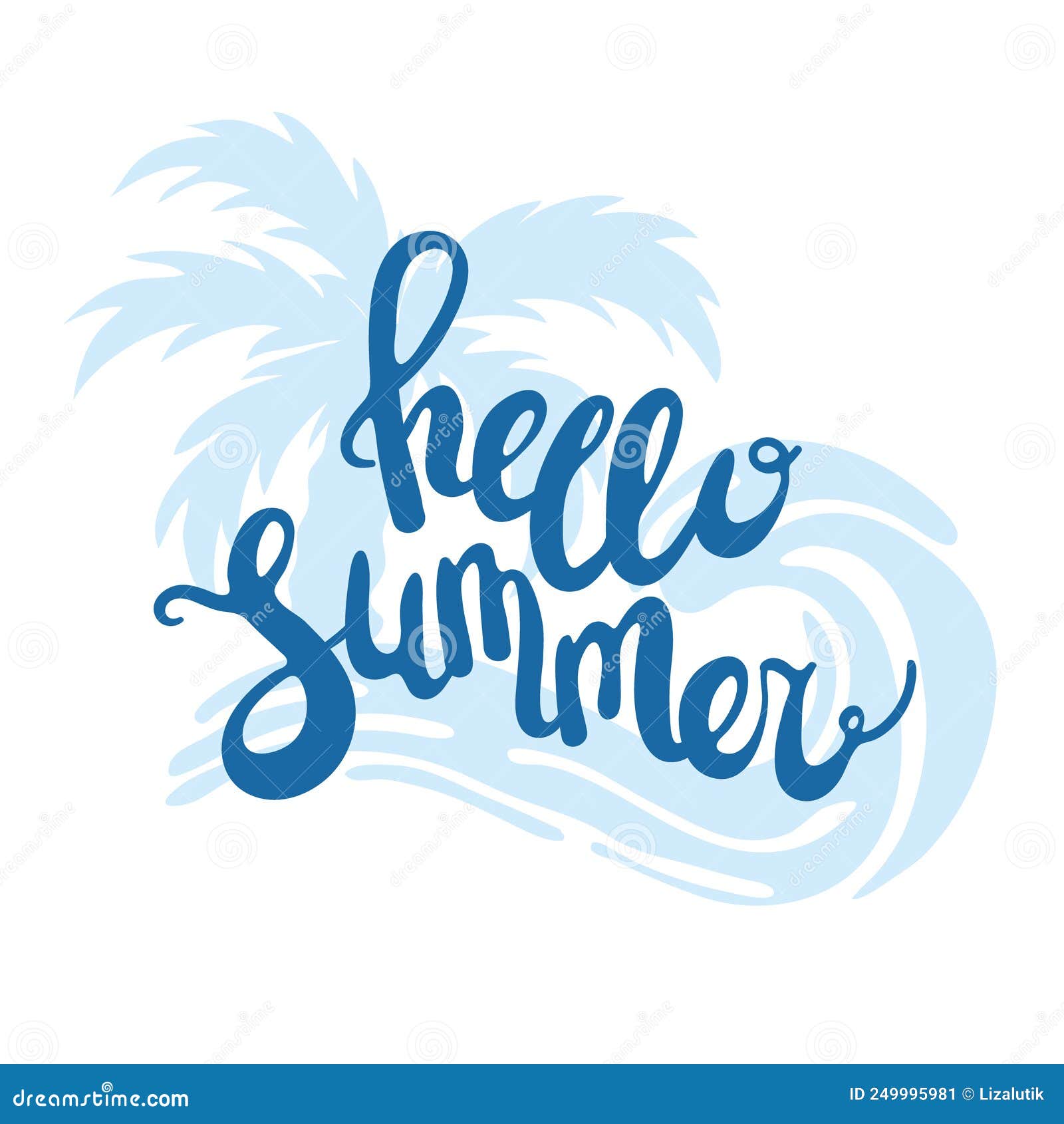 Hand Drawn Hello Summer Phrase with Palm and Wave Stock Vector ...