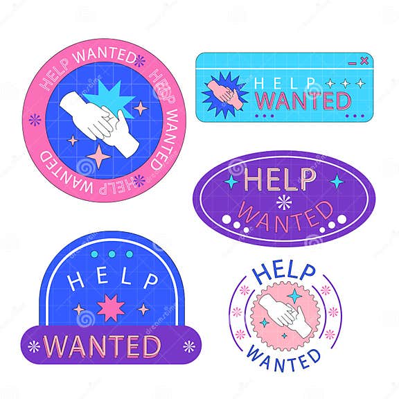 Hand Drawn Help Wanted Badges Set Vector Illustration Stock Vector ...