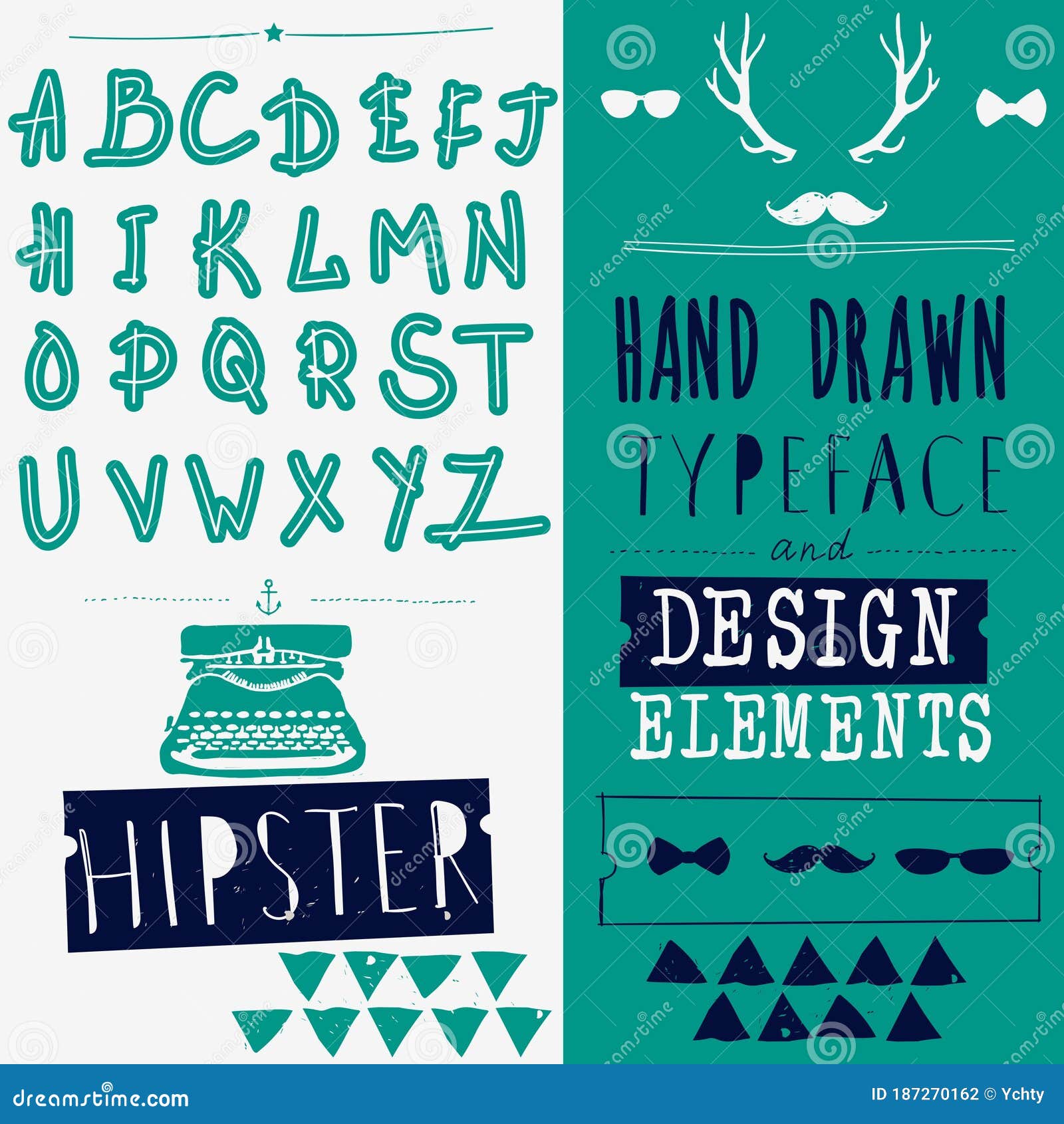 Hand Drawn Hipster Typeface and Set of Design Elements. Vintage Font ...