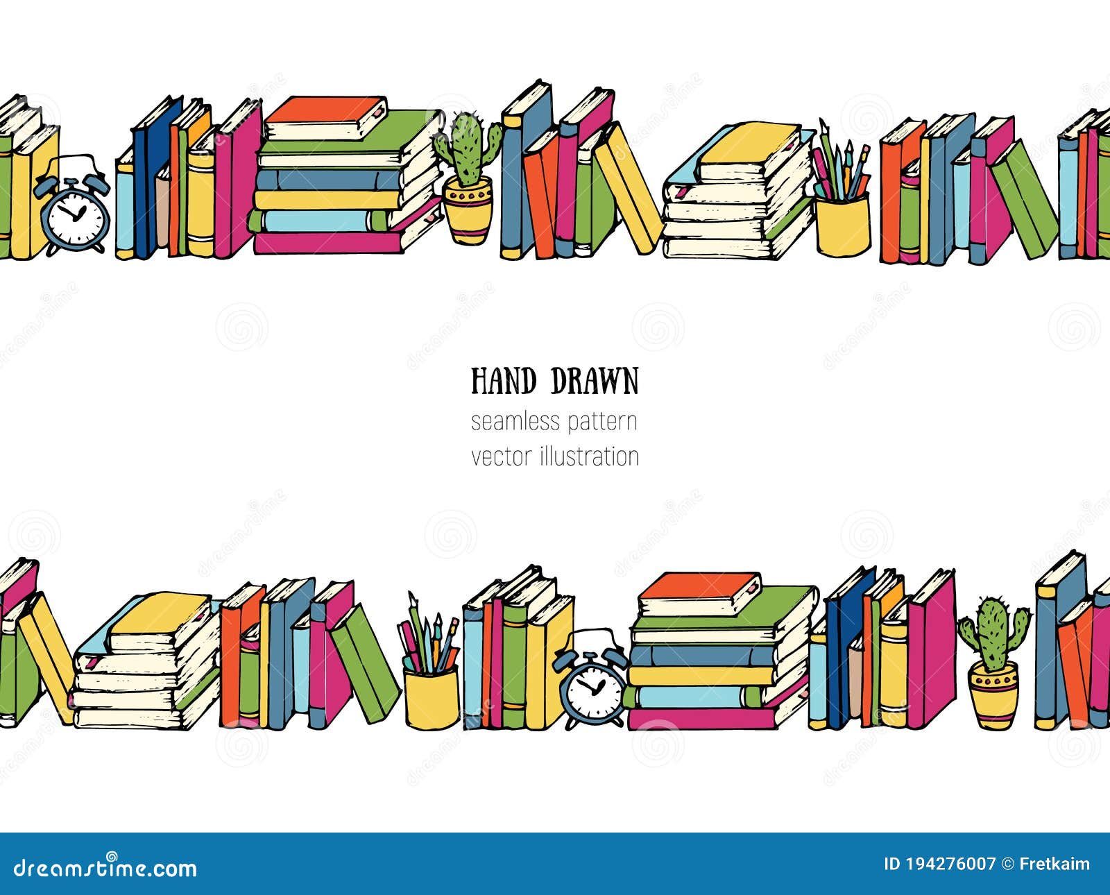 Hand Drawn Horizontal Seamless Vector Pattern. Books, Notebooks ...