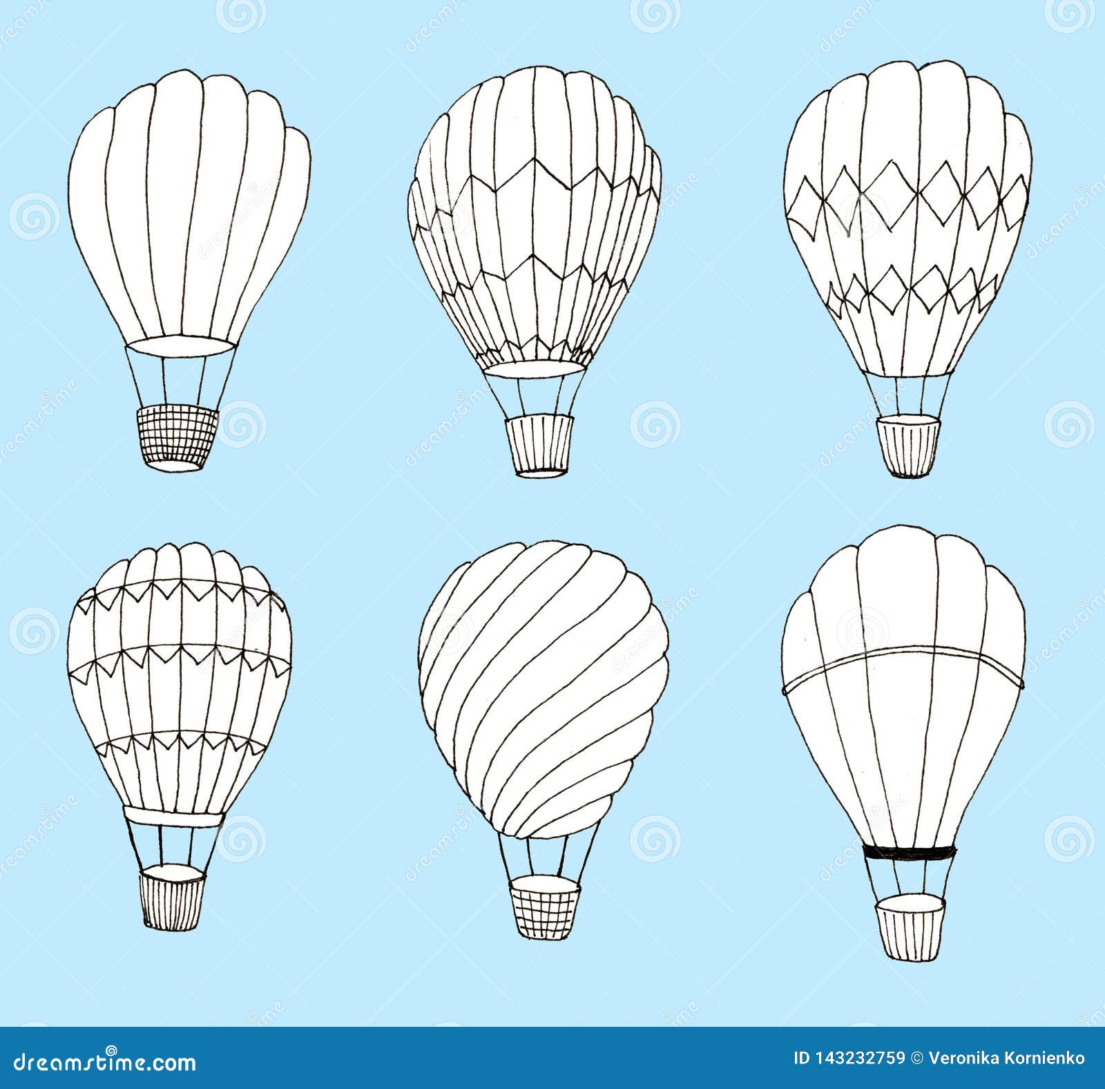 Hand Drawn Hot Air Baloons Set on Blue Background Stock Illustration ...