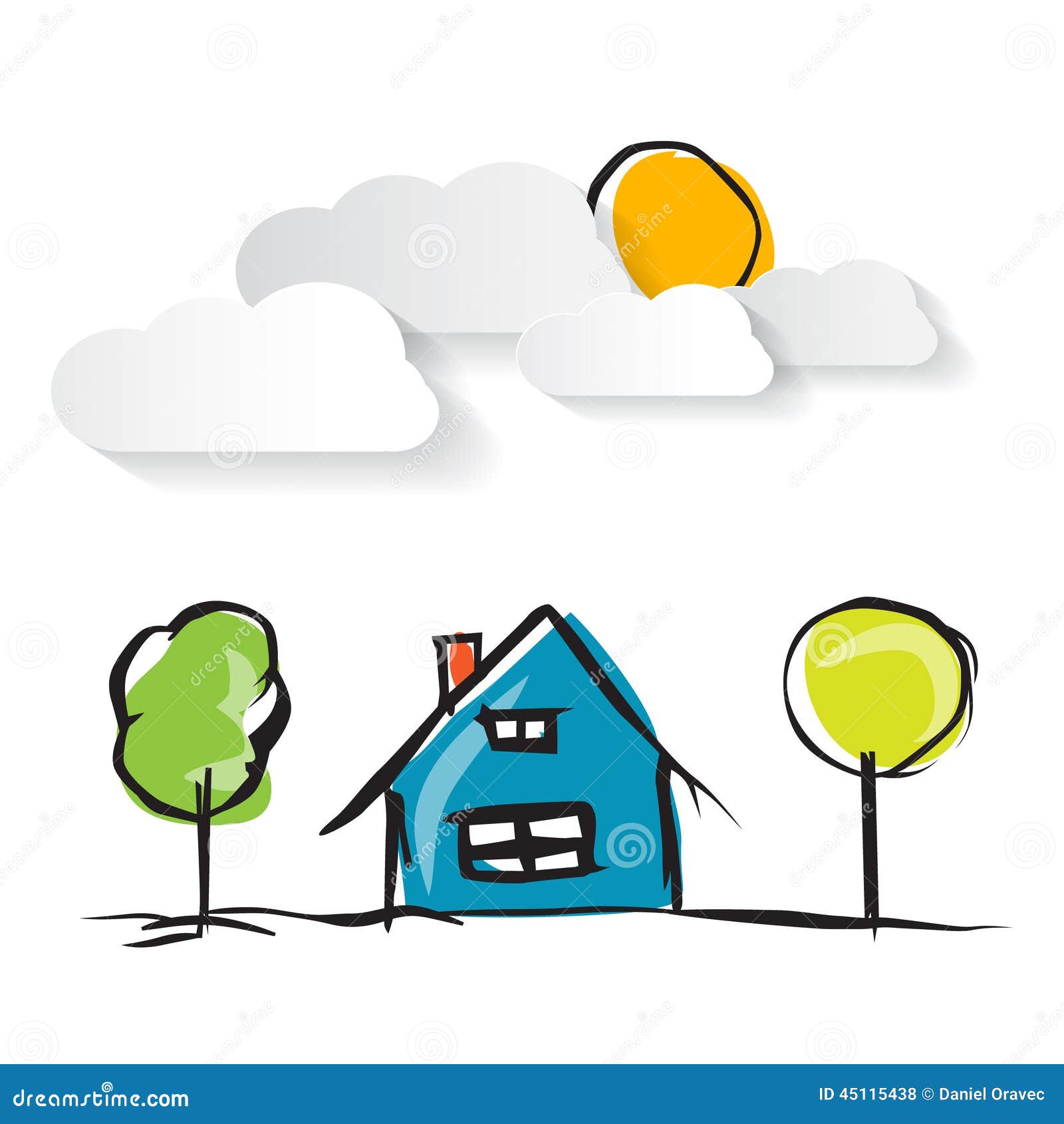 Hand Drawn House Illustration with Paper Clouds Stock Vector ...