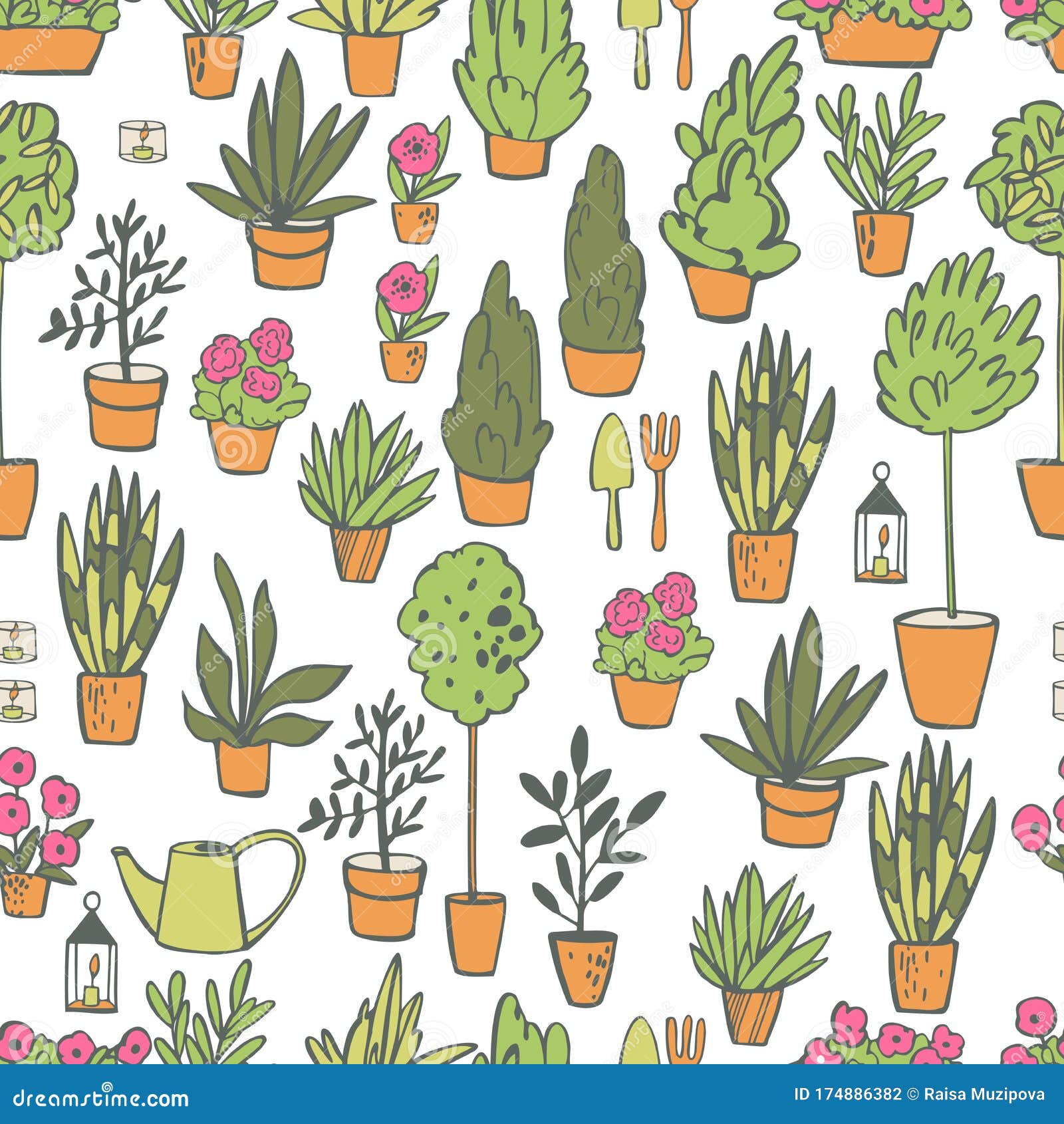Hand Drawn House Plants. Vector Seamless Pattern Stock Vector ...