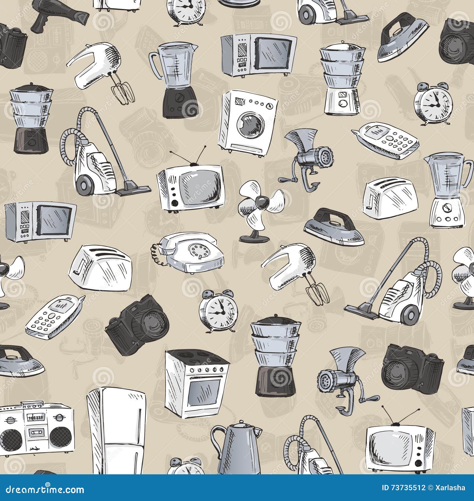 Hand Drawn Household Appliances Seamless Stock Vector - Illustration of ...