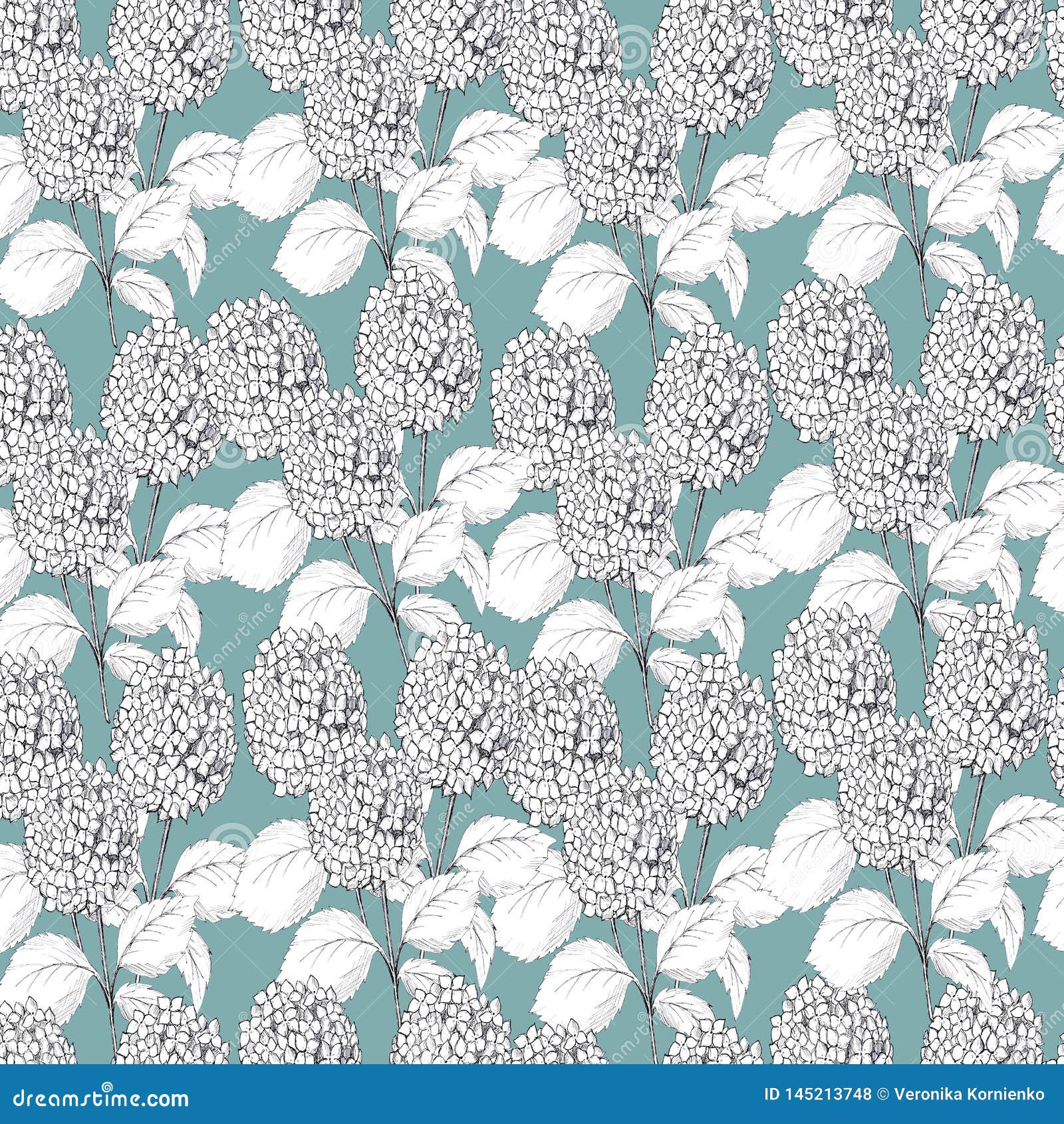 Hand Drawn Hydrangea Seamless Pattern. Raster Flower Pattern for Fabric ...