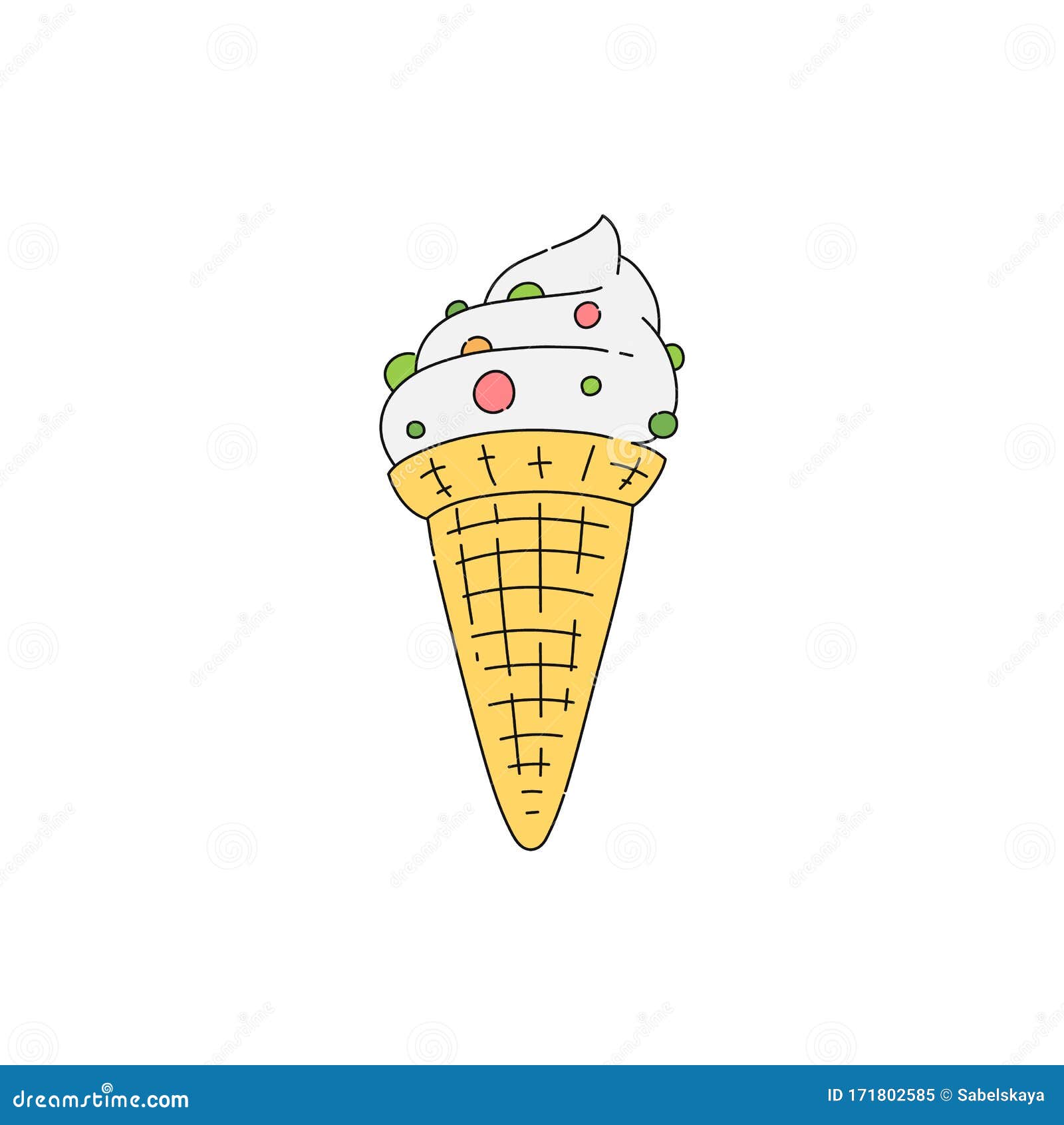 Hand Drawn Ice Cream Cone With Confetti Isolated On White Background