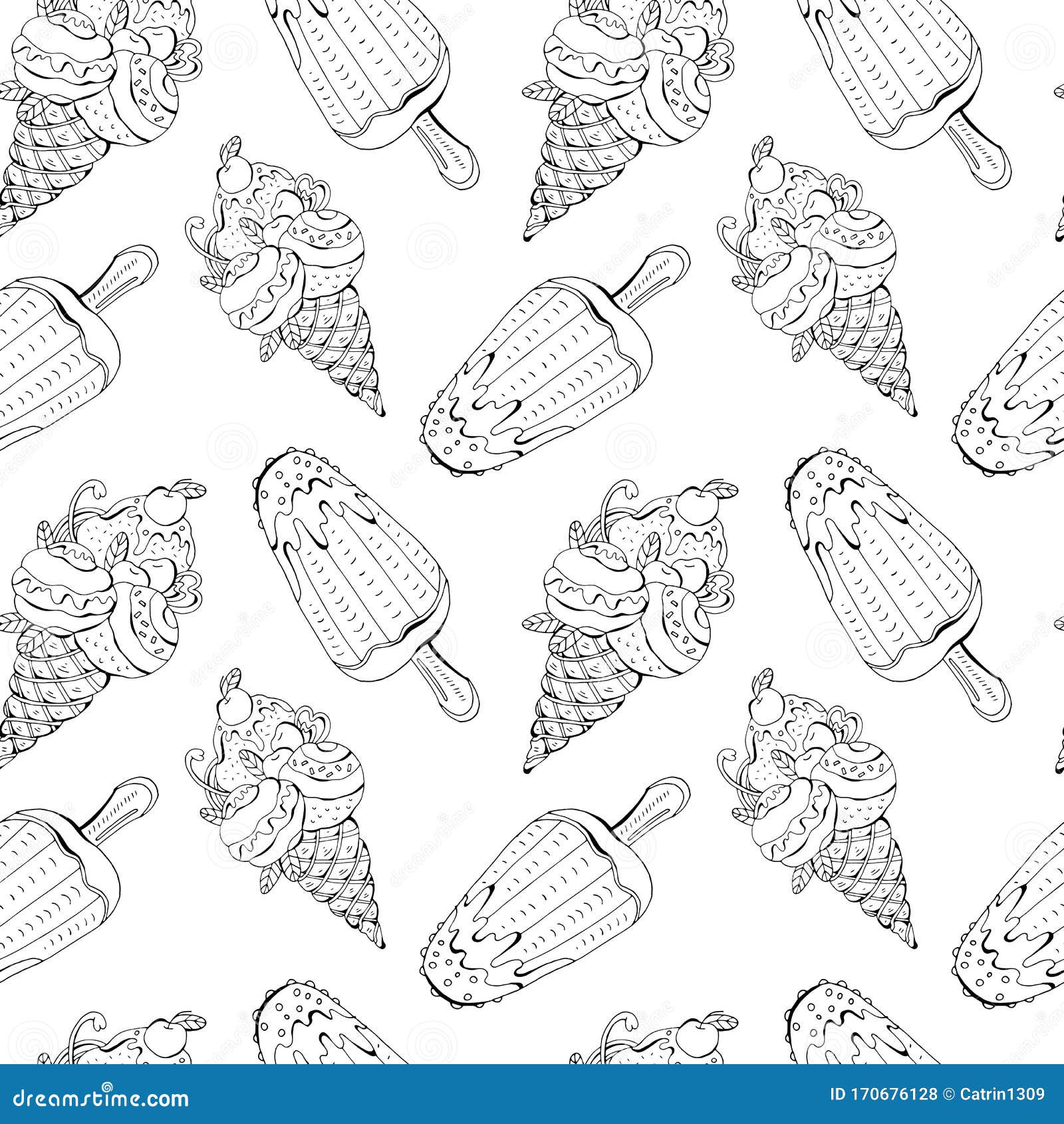 Hand Drawn Ice Cream Seamless Pattern. Many Symbols, Objects, and ...
