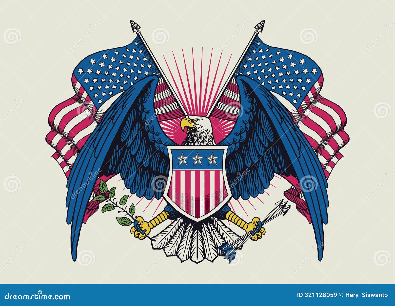 Hand Drawn Illustration of American Eagle with Flag and Shield Stock ...