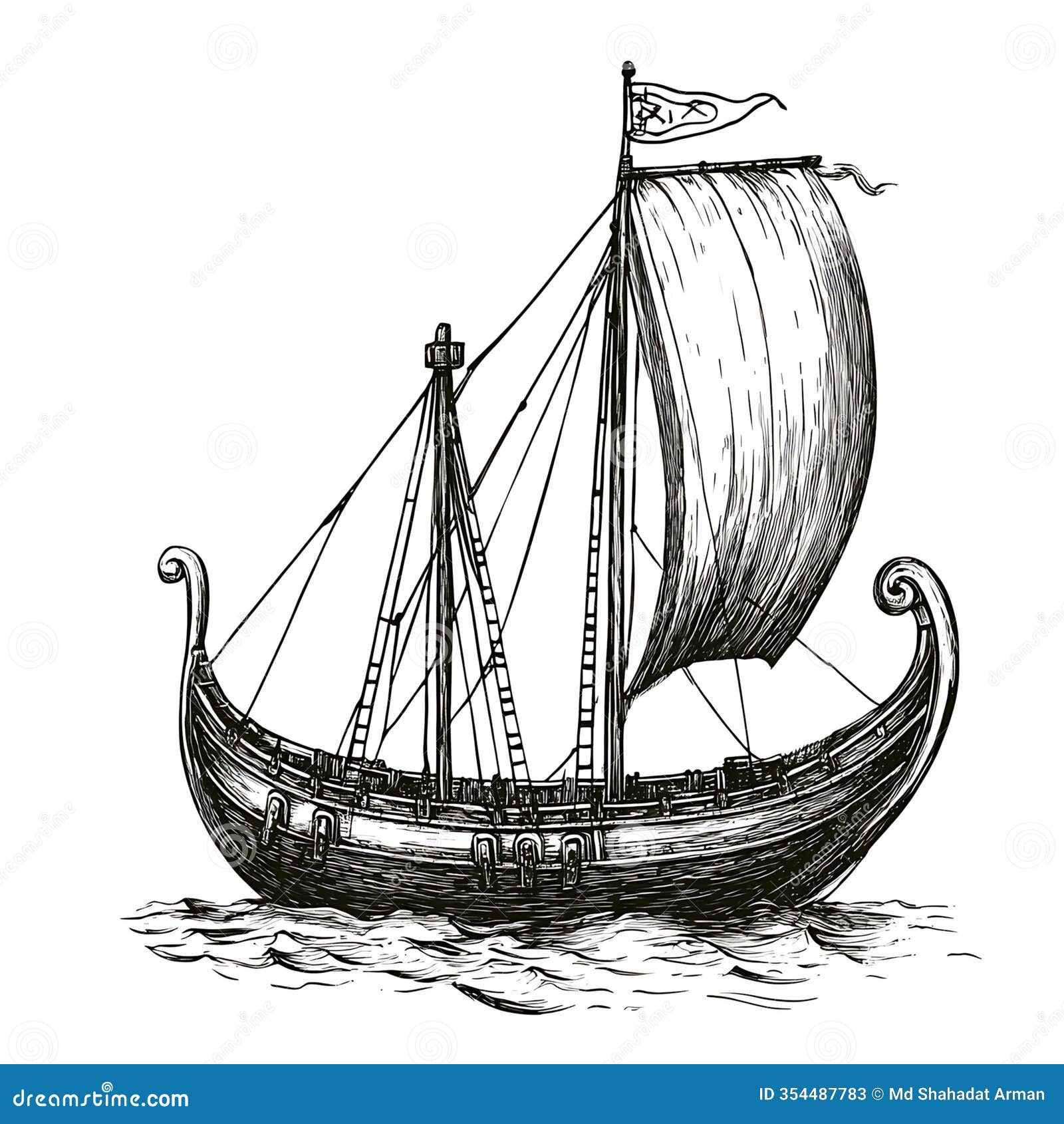 Hand-drawn Illustration of an Ancient Sailboat with a Single Sail on ...