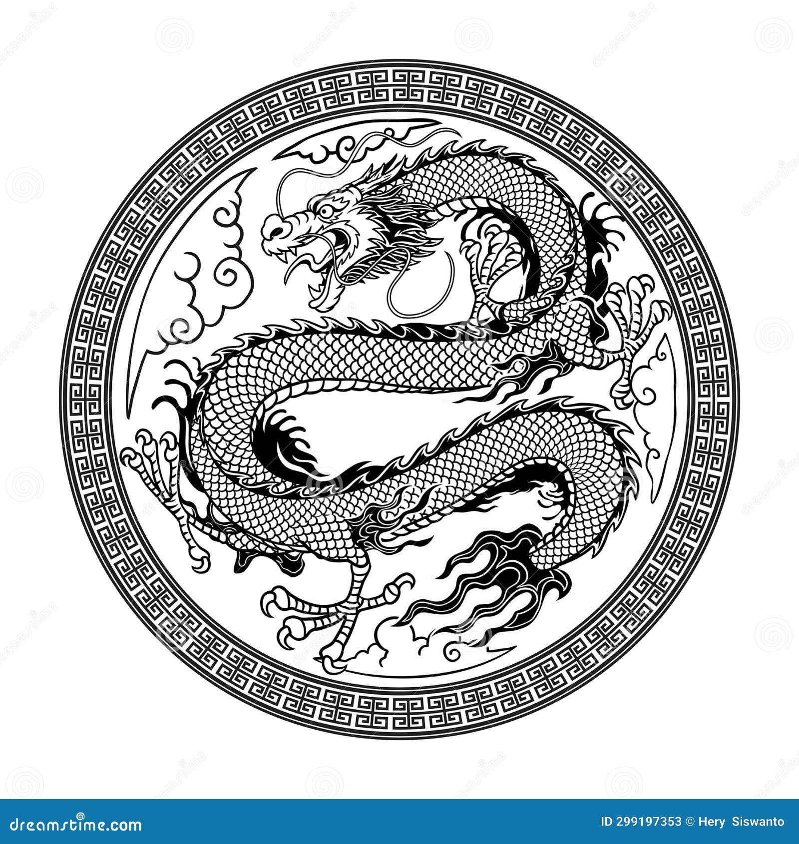 Hand Drawn Illustration of Asian Dragon in Circle Frame Stock Vector ...