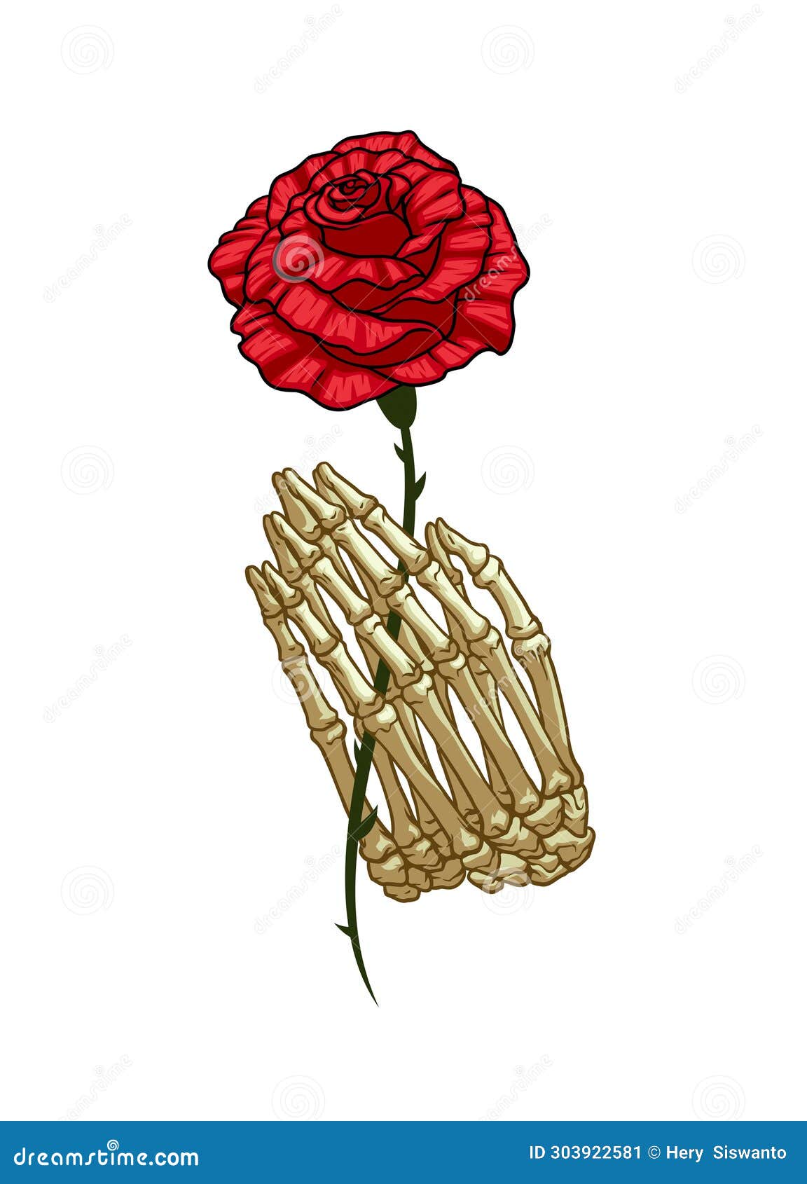 Hand Drawn Illustration of Bone Hand Holding a Red Rose Stock Vector ...