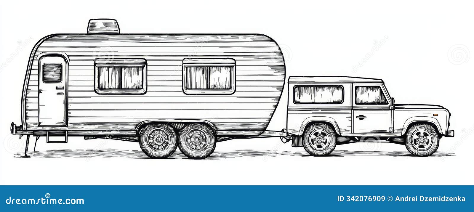 Hand Drawn Illustration of a Car with a Trailer or Caravan Stock Image ...