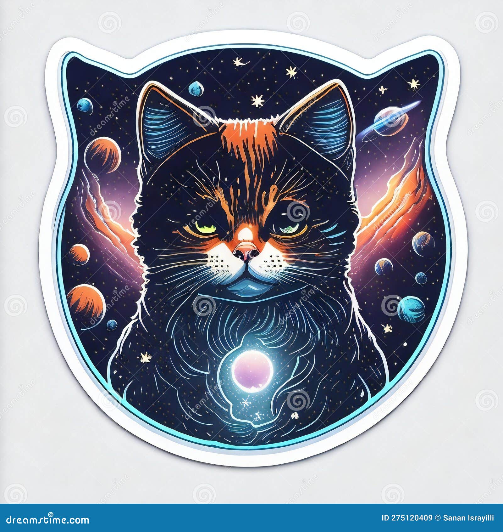 Hand Drawn Illustration of a Cat in the Space. Vector Graphics Stock ...