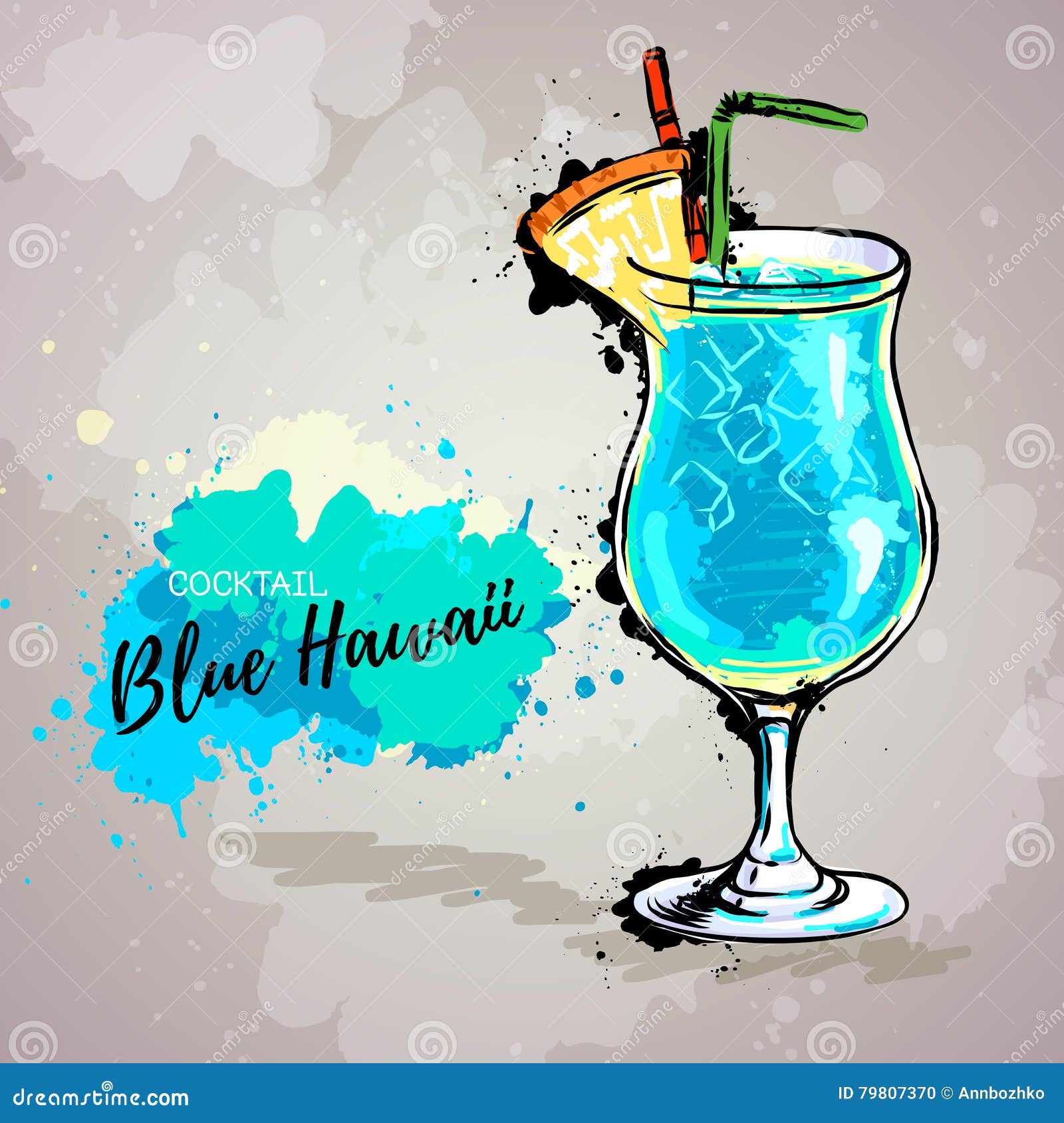 Blue Hawaii Cocktail On Black Mirrored Background. Vector Illustration ...